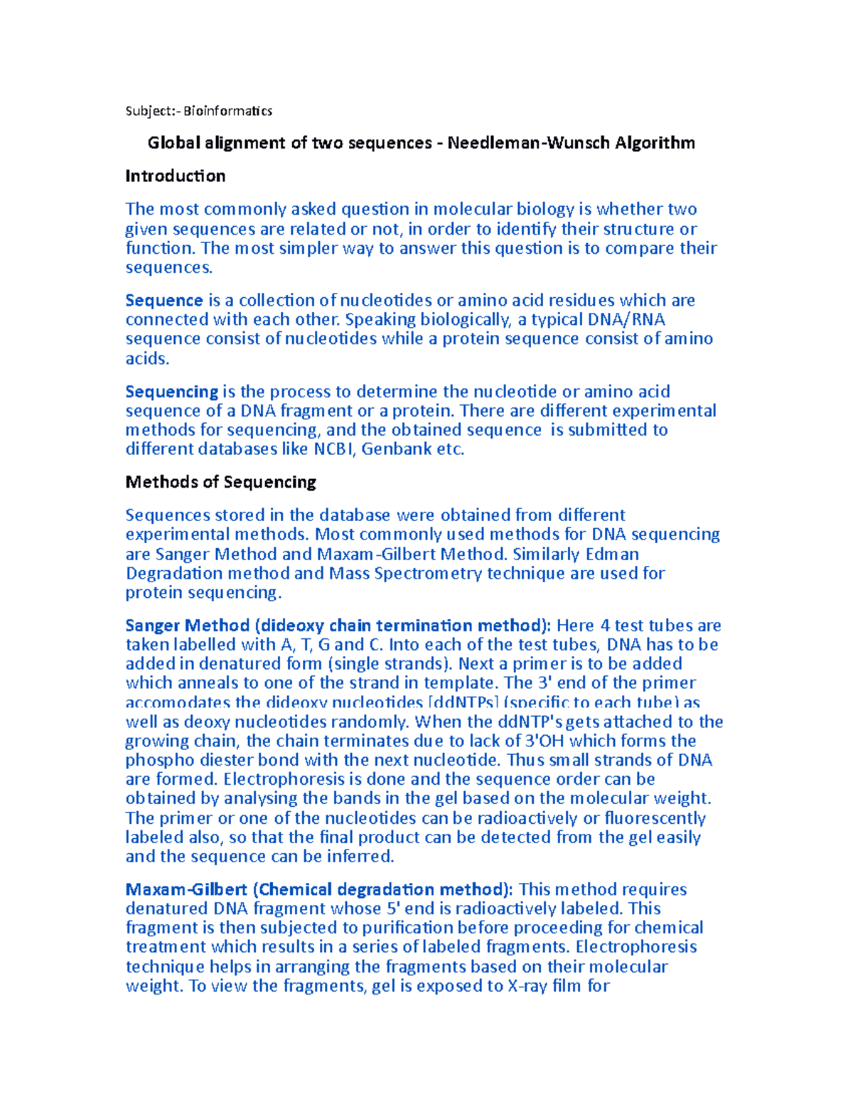 Global Alignment Of Two Sequences Needleman Wunsch Algorithm Subject Bioinformatics Global