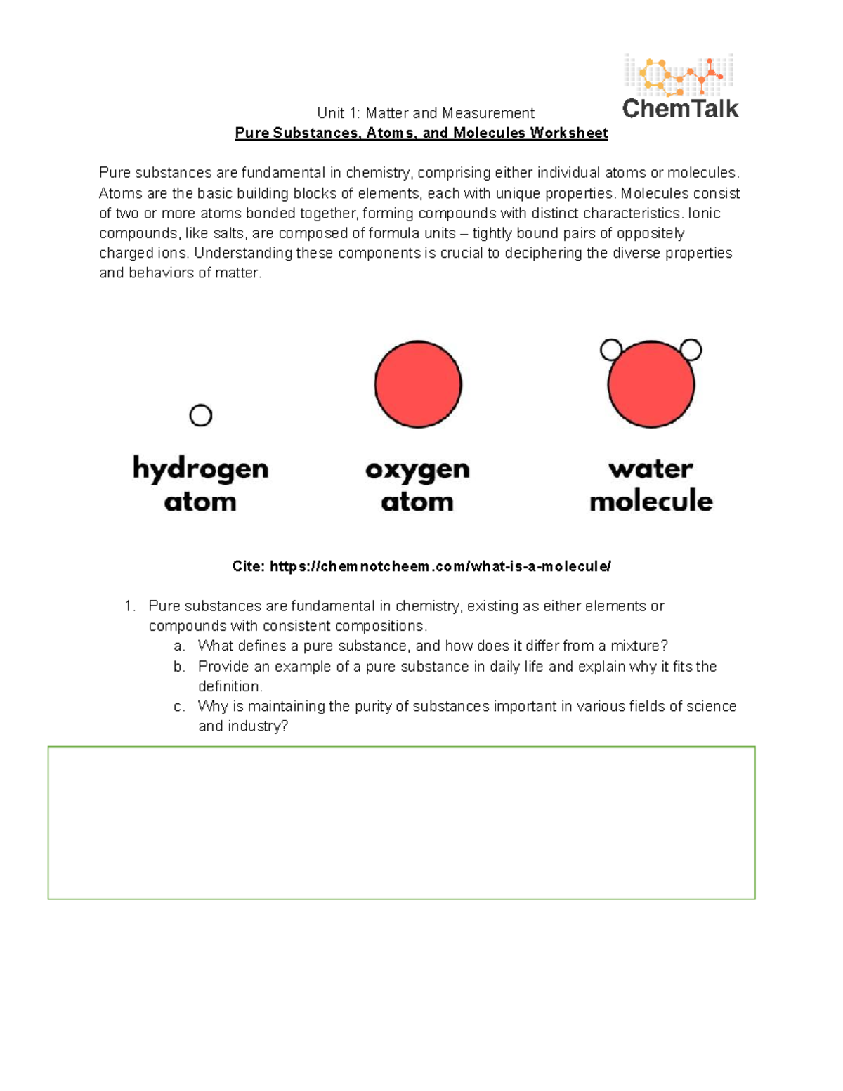 Pure Substances Atoms and Molecules Worksheet - Atoms are the basic ...