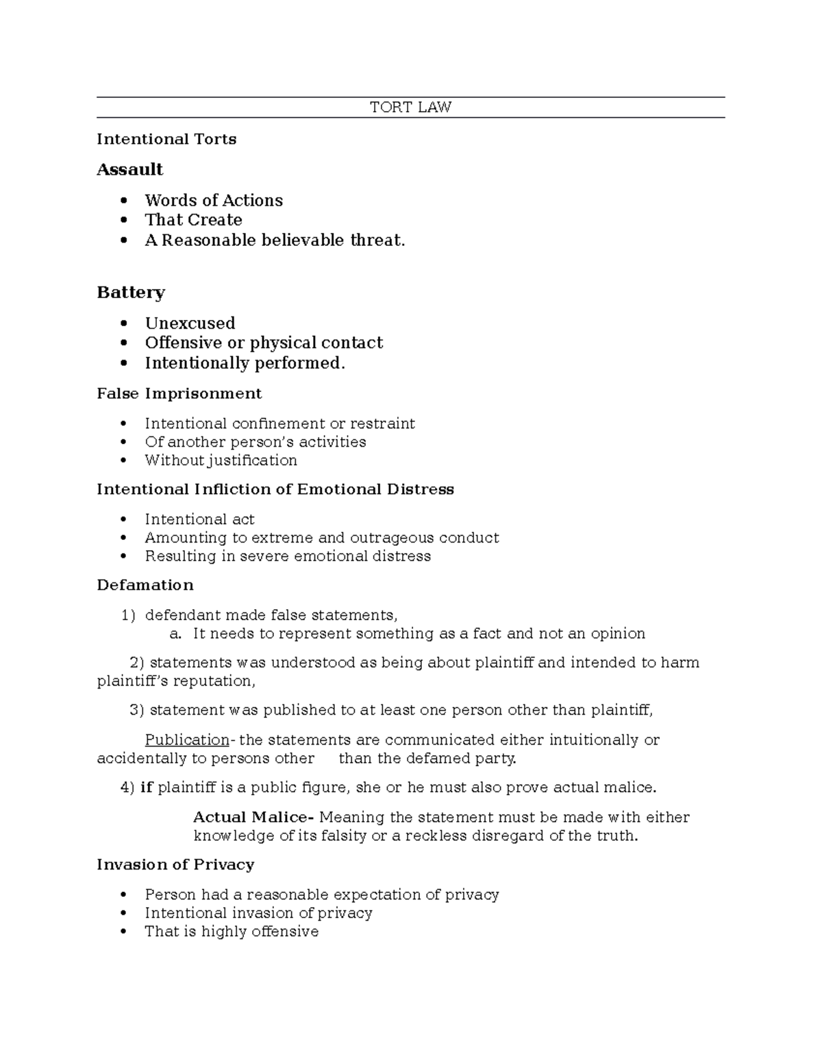 Torts Theories Outline - TORT LAW Intentional Torts Assault Words of ...