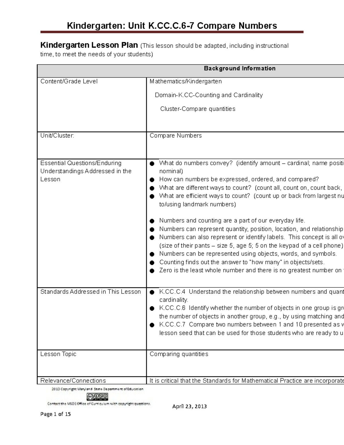 Unit 1 Lesson Plan Lecture Note Compare Sets Kindergarten 