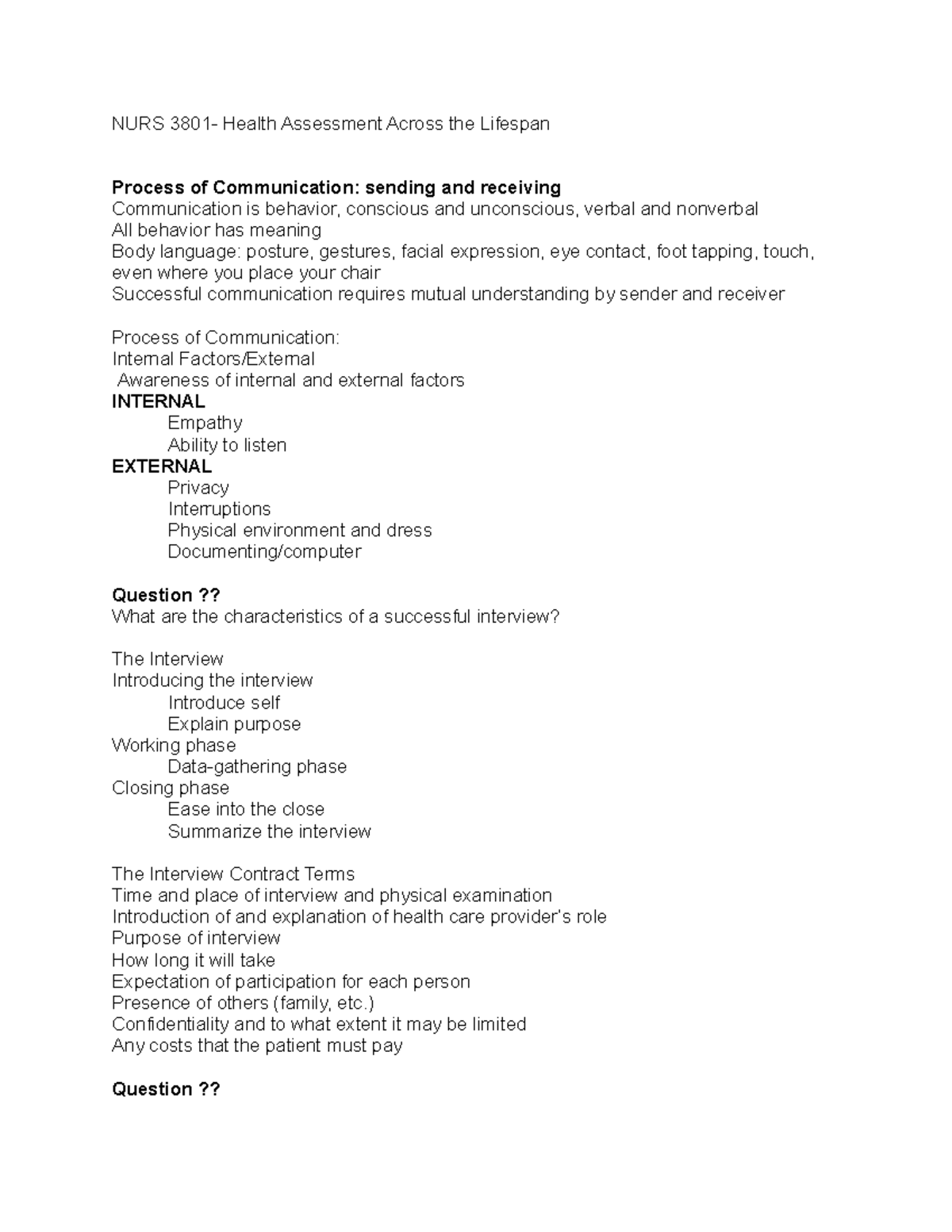 The Interview Outline 1 - NURS 3801- Health Assessment Across the ...