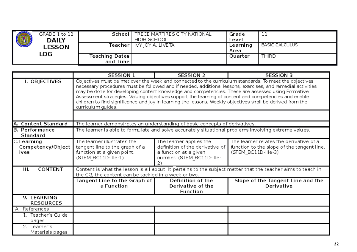Calculus DLL WEEK 5 - GRADE 1 to 12 DAILY LESSON LOG School TRECE ...