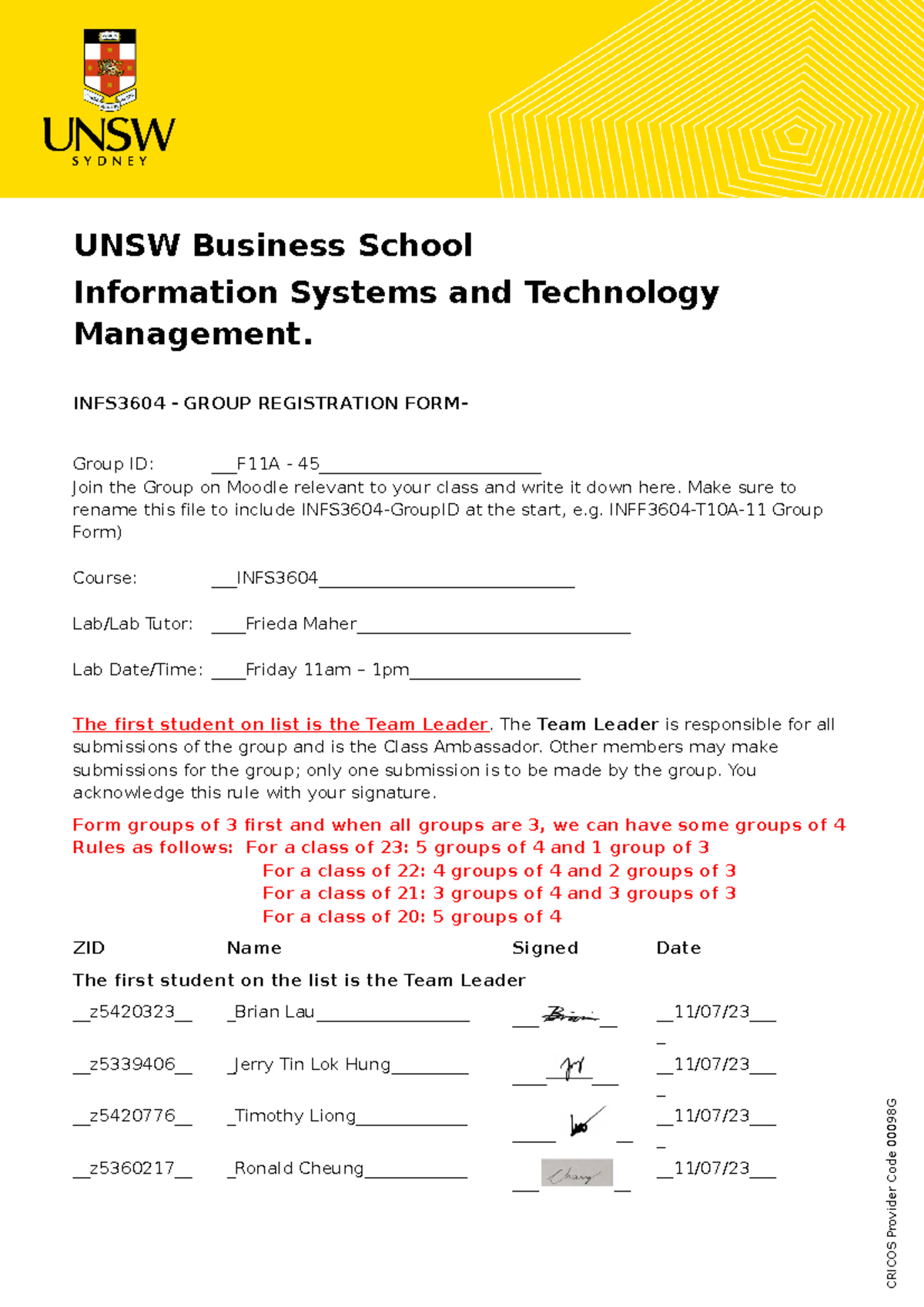 INFS3604 F11A 45 Group Registration FORM - UNSW Business School ...