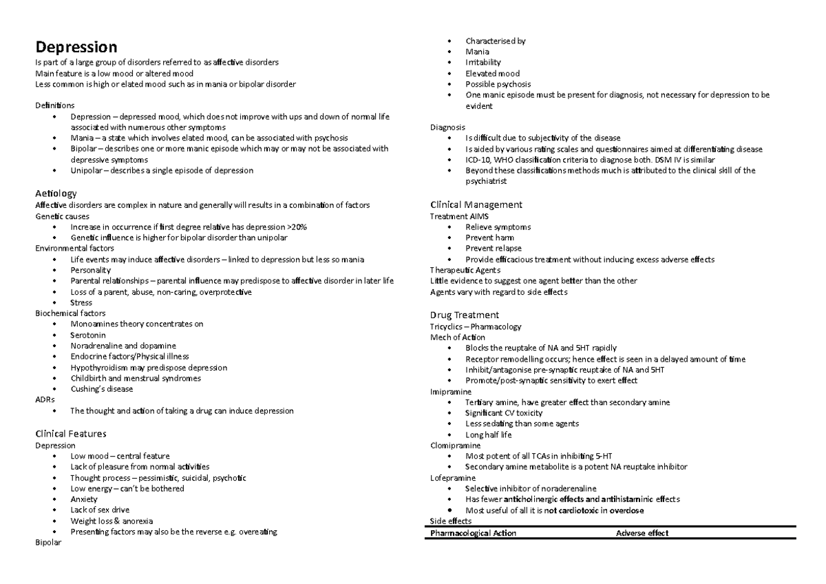 Depression notes 1 - Depression Is part of a large group of disorders ...
