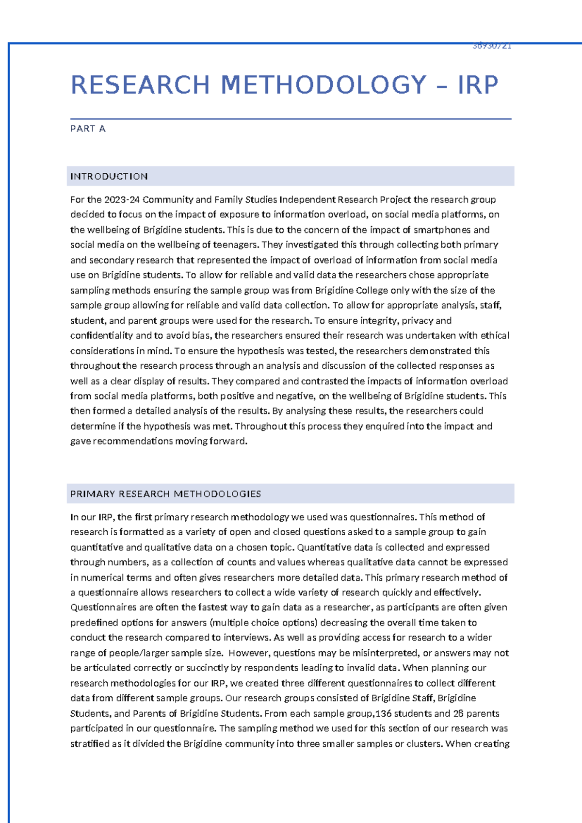 PART A - research methodologies assignment - RESEARCH METHODOLOGY – IRP ...