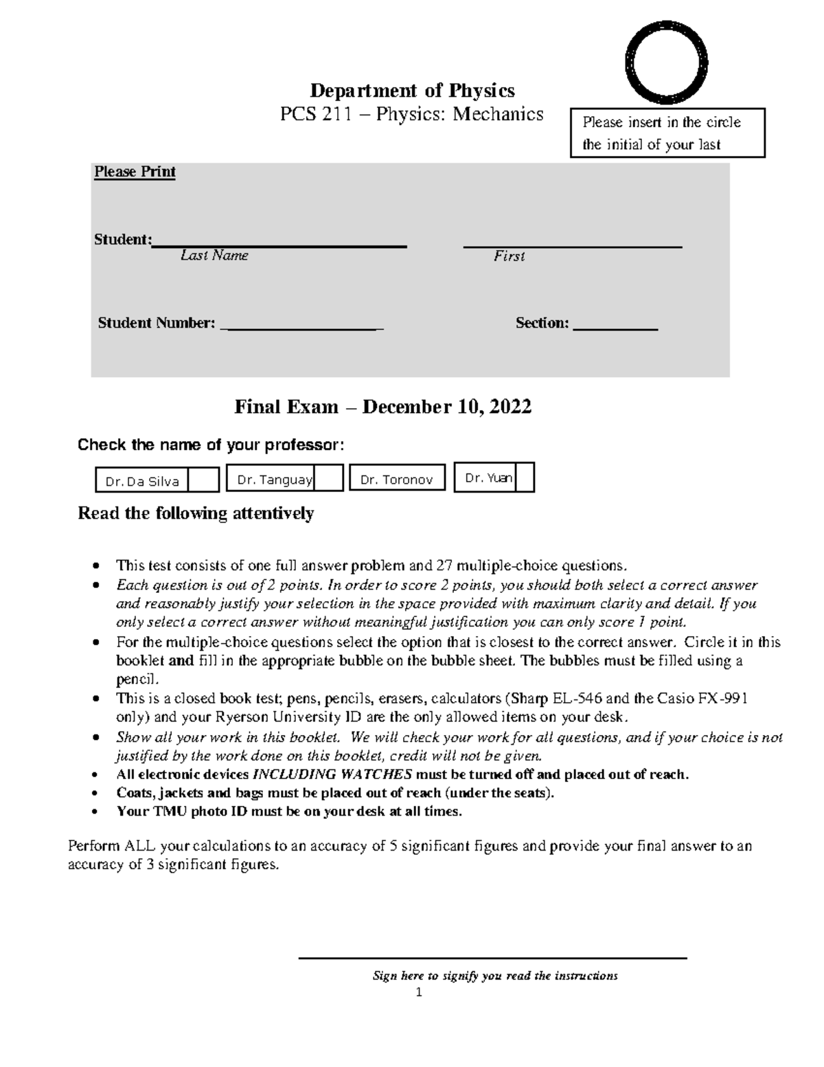 PCS211 FInal Exam with solutions - Department of Physics PCS 211 ...