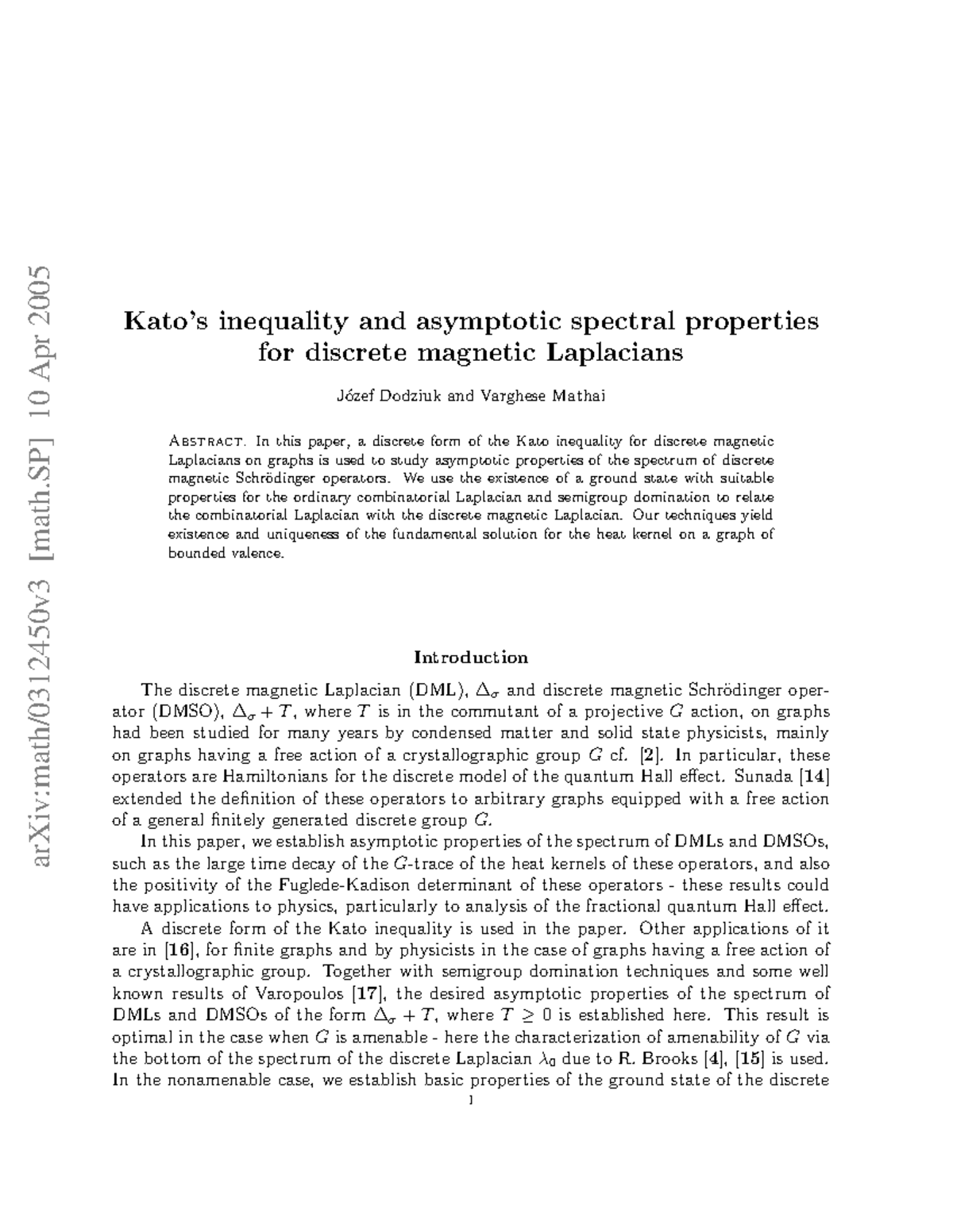 0312450 - Cours - arXiv:math/0312450v3 [math] 10 Apr 2005 Kato’s ...