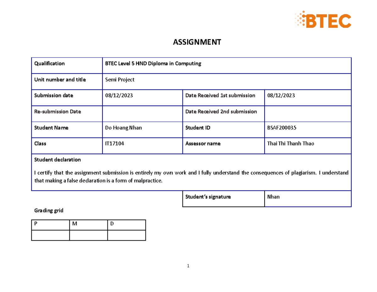 ASM - Reference - ASSIGNMENT Qualification BTEC Level 5 HND Diploma in Computing Unit number and ...