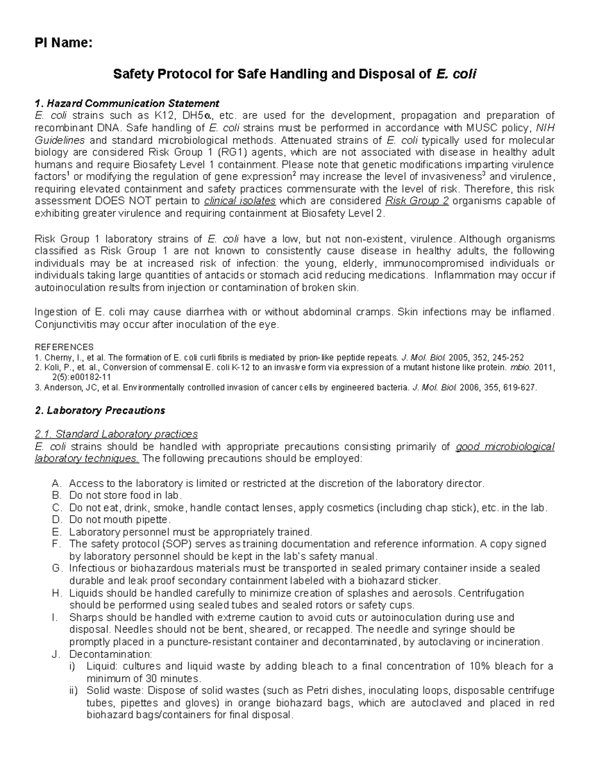 SOP Ecoli - hiiiiiiiiiiiiiiiiiiiiiiiiiiiiiiiii - PI Name: Safety Protocol for Safe Handling and ...