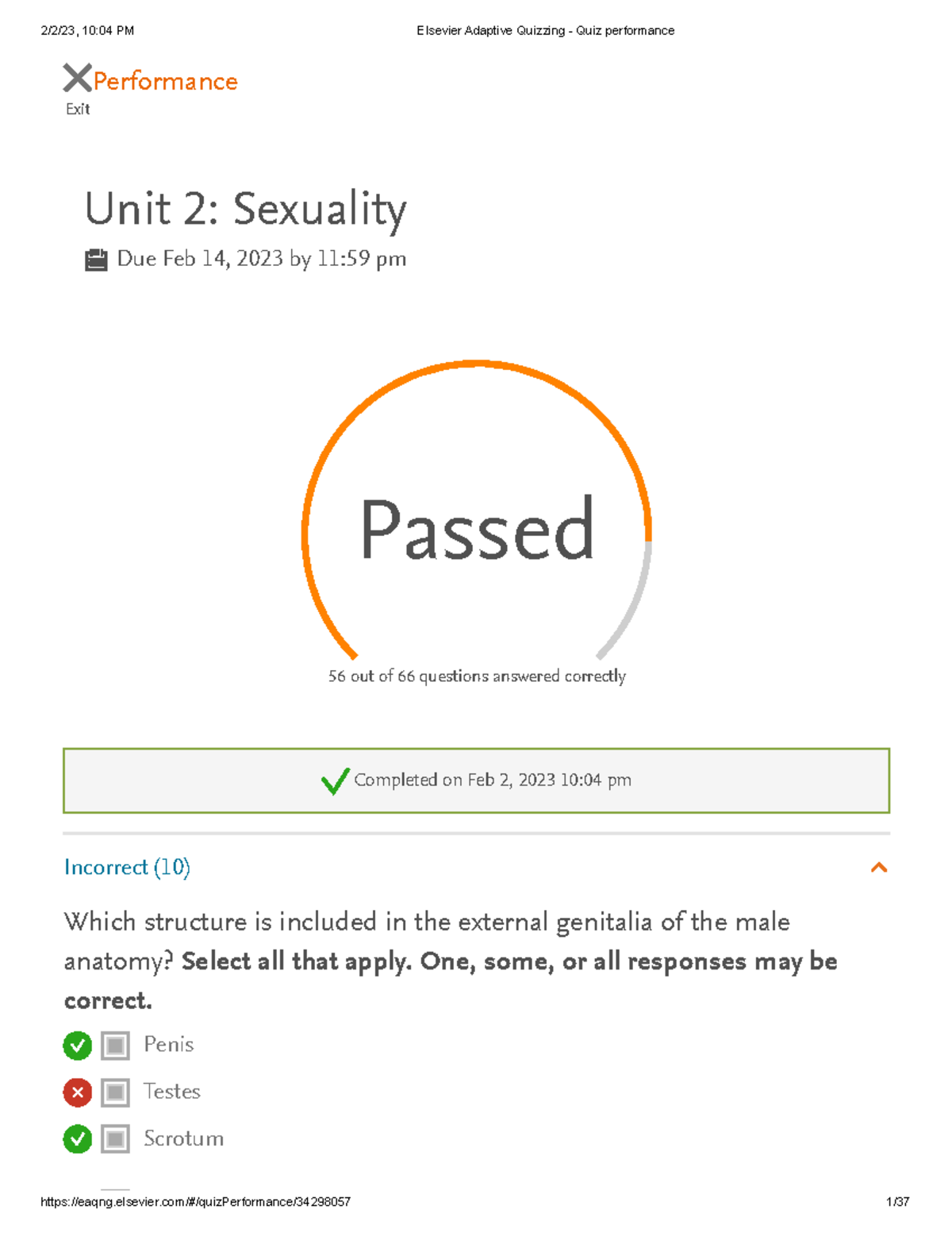 Elsevier Adaptive Quizzing - Quiz performance Sexuality - Exit ...