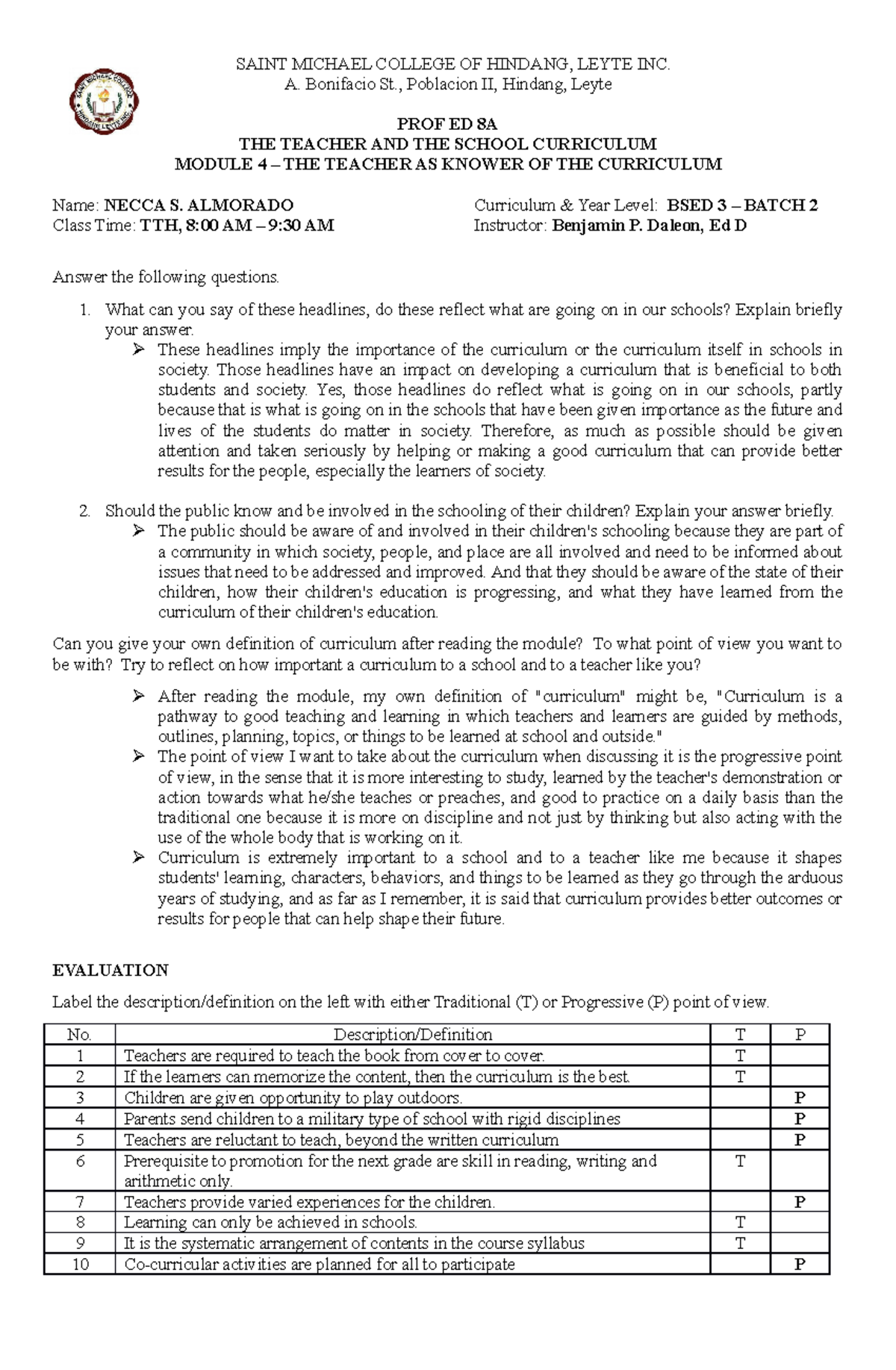 Module 4 Output-The Teacher & the School Curriculum The Teacher as ...