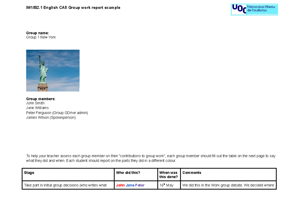 CA5 Group work report example - Each student should report on the parts ...