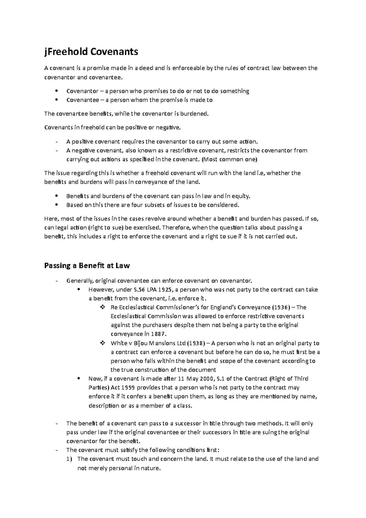 Freehold Covenants - Personal notes - jFreehold Covenants A covenant is ...
