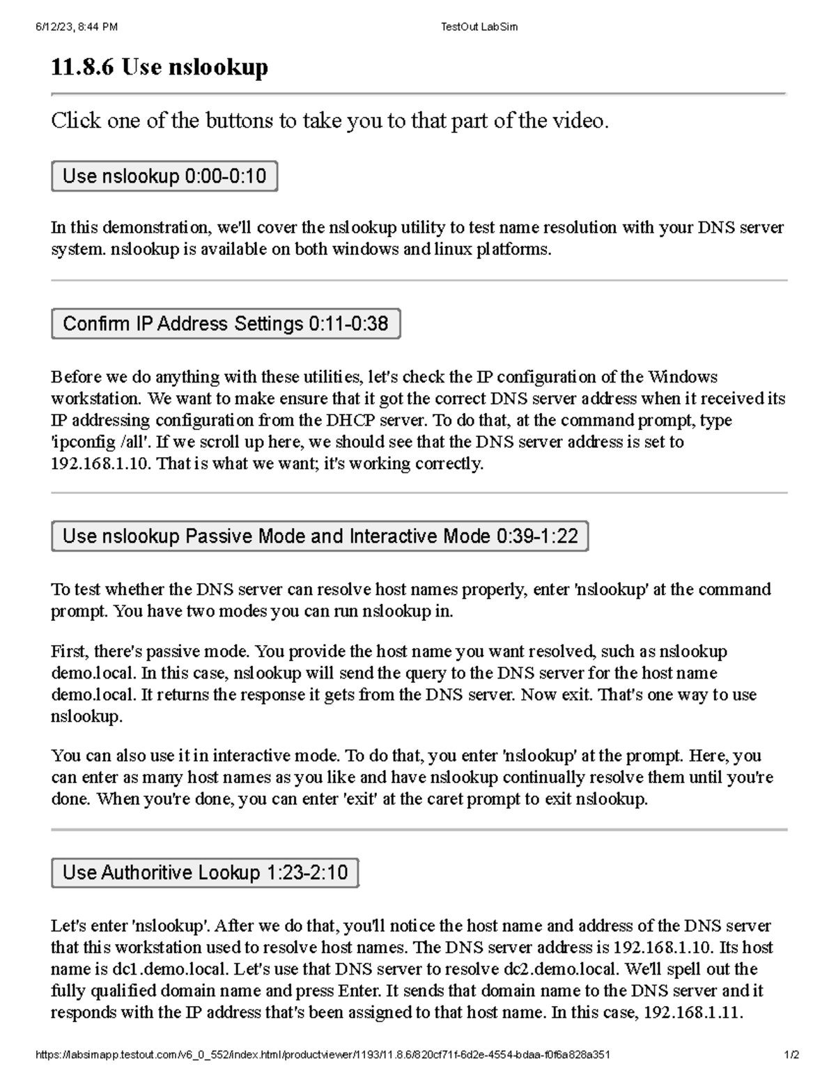 11.8.6 Use nslookup Test Out Lab Sim - 6/12/23, 8:44 PM TestOut LabSim ...