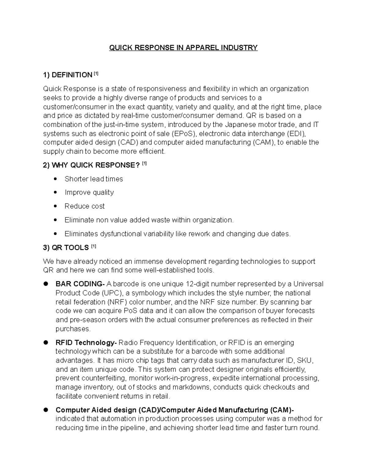 Quick Response - QUICK RESPONSE IN APPAREL INDUSTRY 1) DEFINITION [1 ...