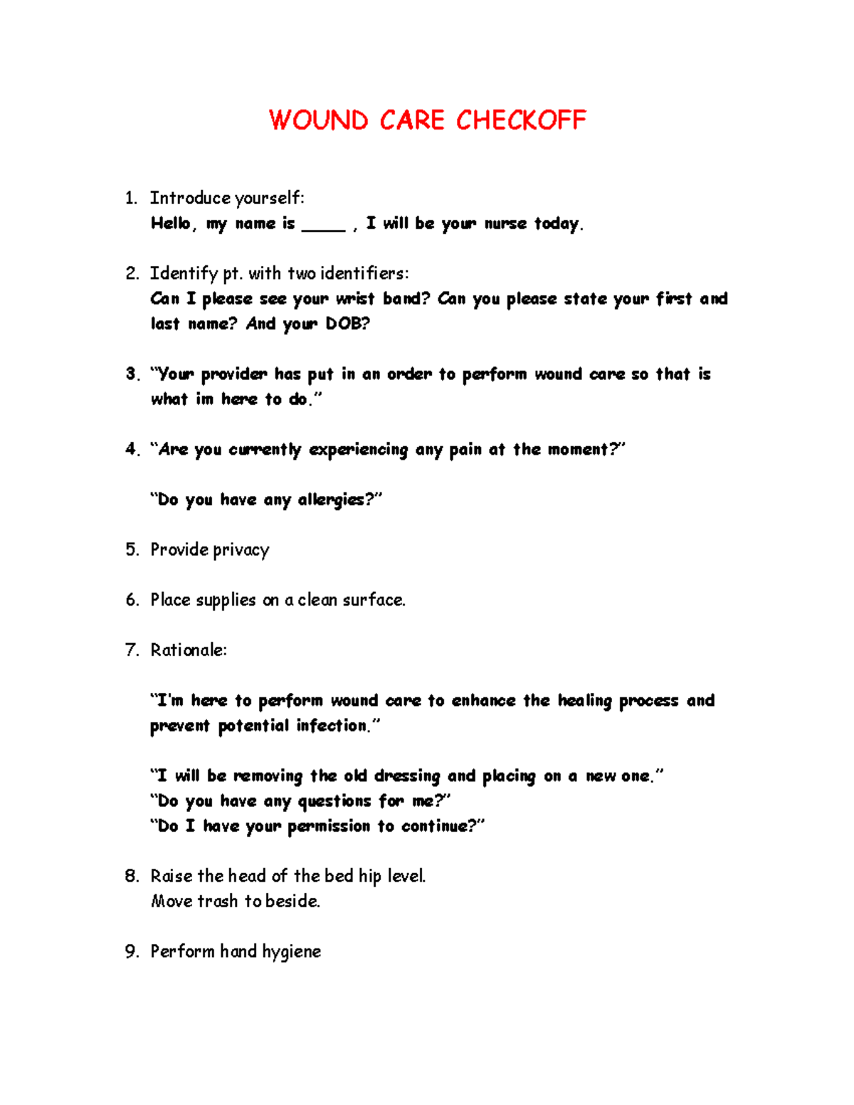 Wound CARE Checkoff - WOUND CARE CHECKOFF Introduce yourself: Hello, my ...