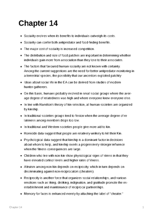 Chapter 14 Summary - Chapter 14 1 Chapter 14 Sociality evolves when its ...