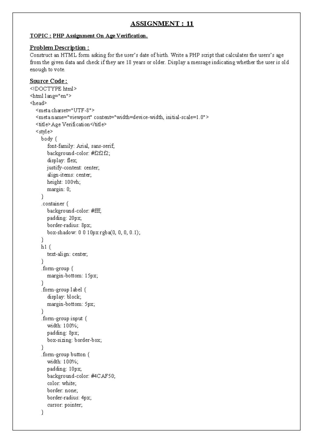 4th sem assignment - ASSIGNMENT : 11 TOPIC : PHP Assignment On Age Verification. Problem ...