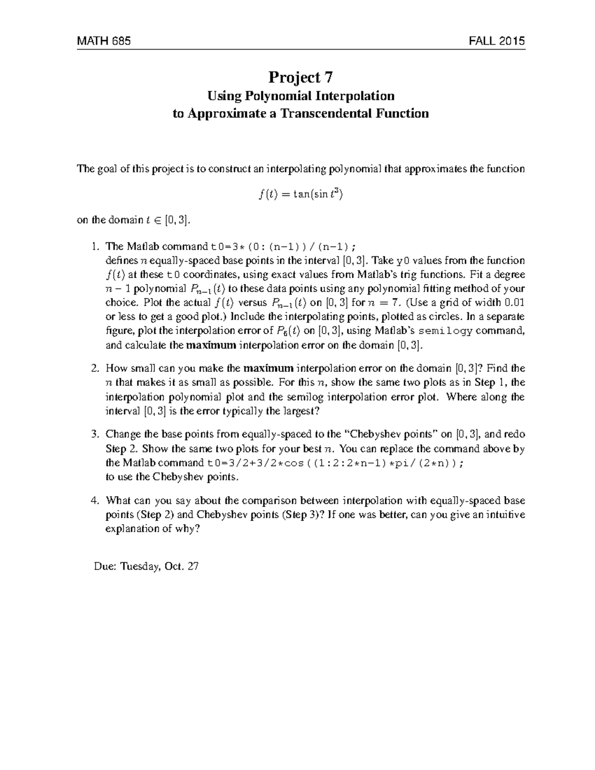 Project 7: Using Polynomial Interpolation to Approximate a ...