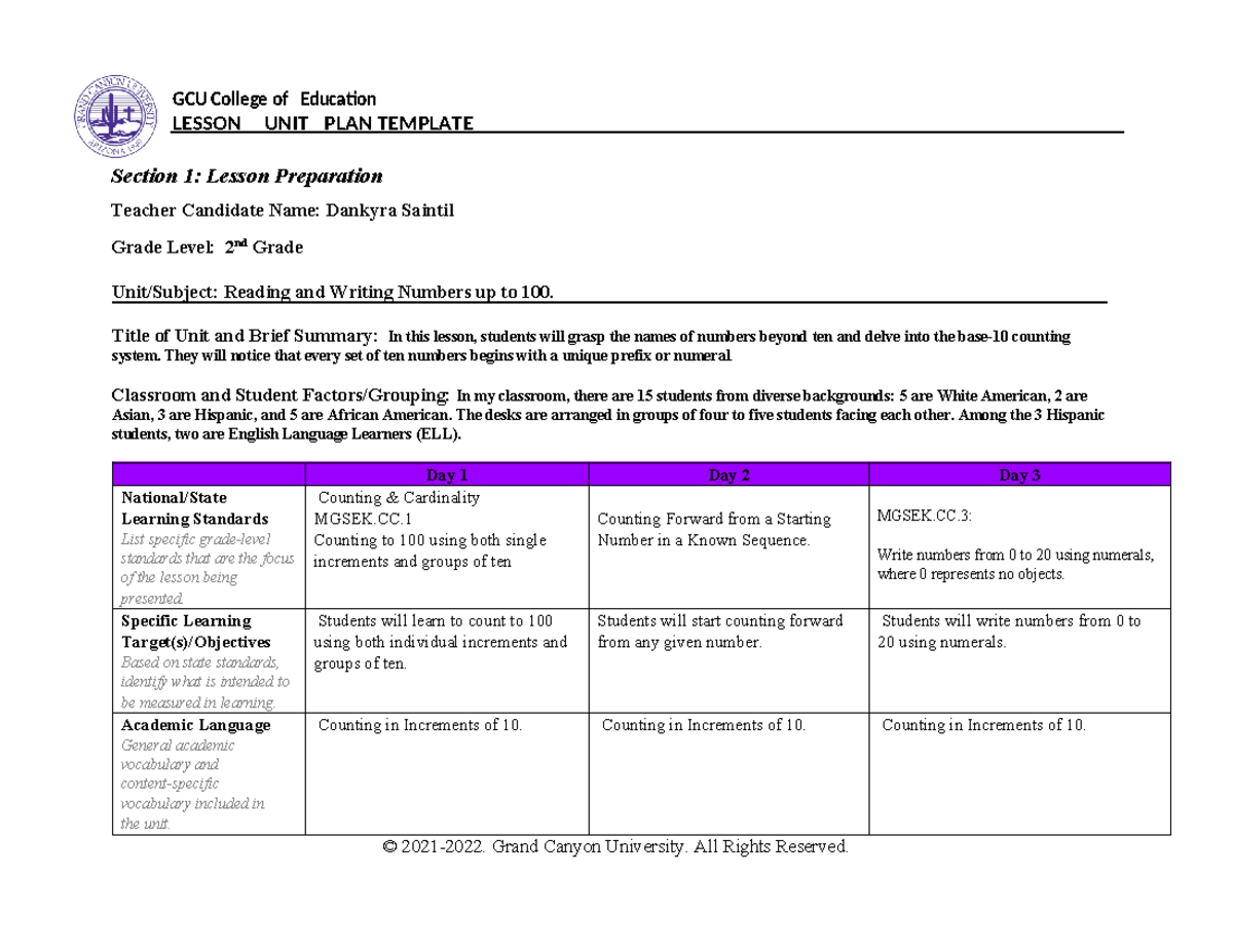 3-day unit plan Dankyra Saintil - Section 1: Lesson Preparation Teacher ...