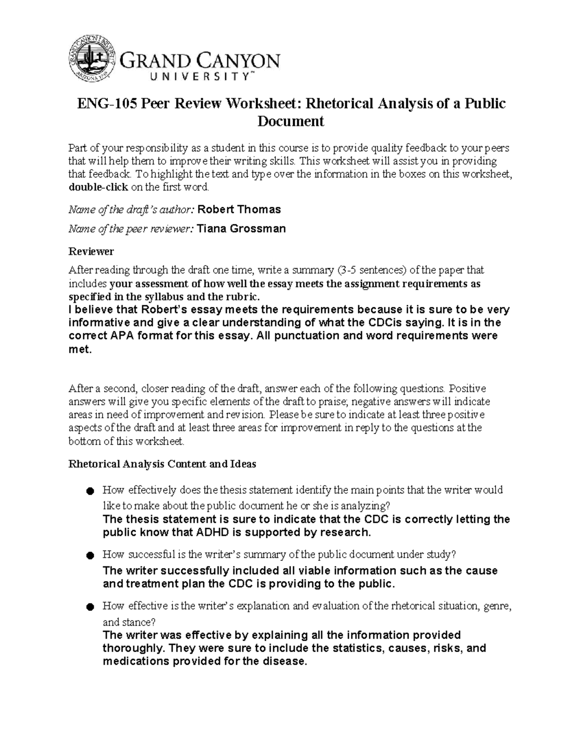 ENG-105-RS-Rhetorical Analysis Peer Review Worksheet Online - ENG-105 ...