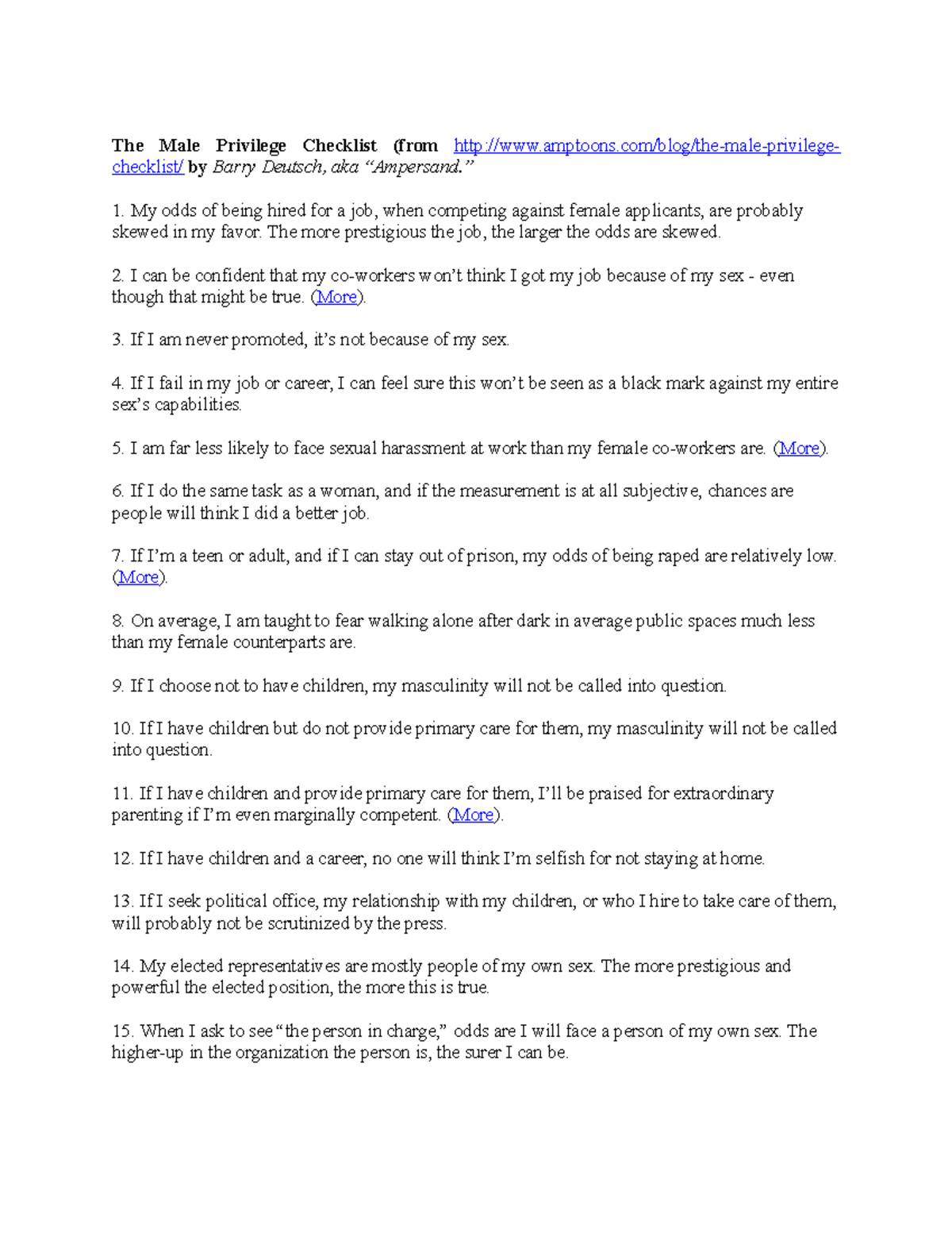 Male Privilege Checklist - ” My odds of being hired for a job, when competing against female ...