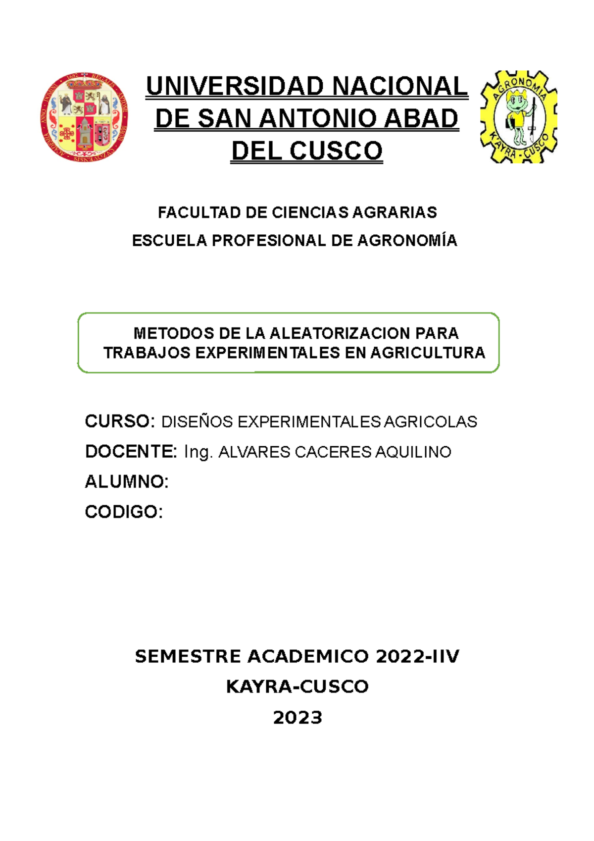 Aleatorizacion en diseños experimentales - UNIVERSIDAD NACIONAL DE SAN ...