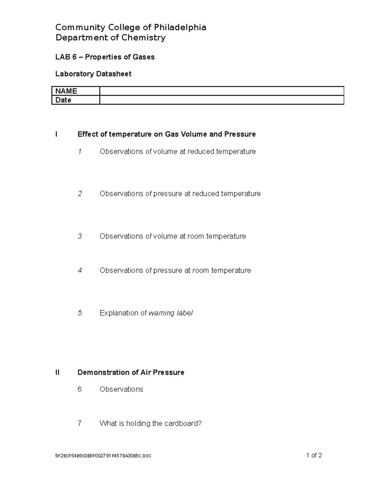 Lab 6 Gases datasheet - Lab - Community College of ...