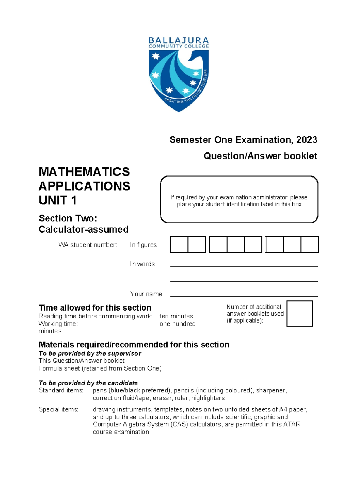 WAEP 2023 YR11 APPS U1 S2 - Semester One Examination, 2023 Question ...