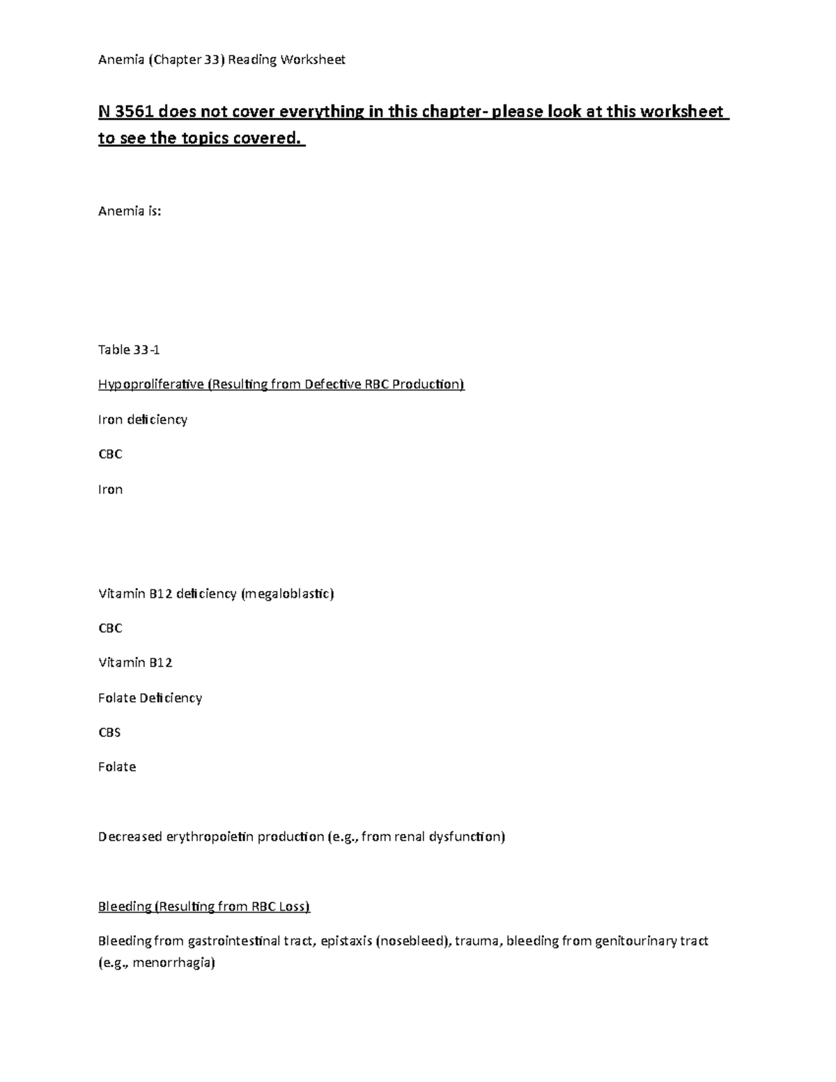 Anemia reading worksheet - N 3561 does not cover everything in this ...