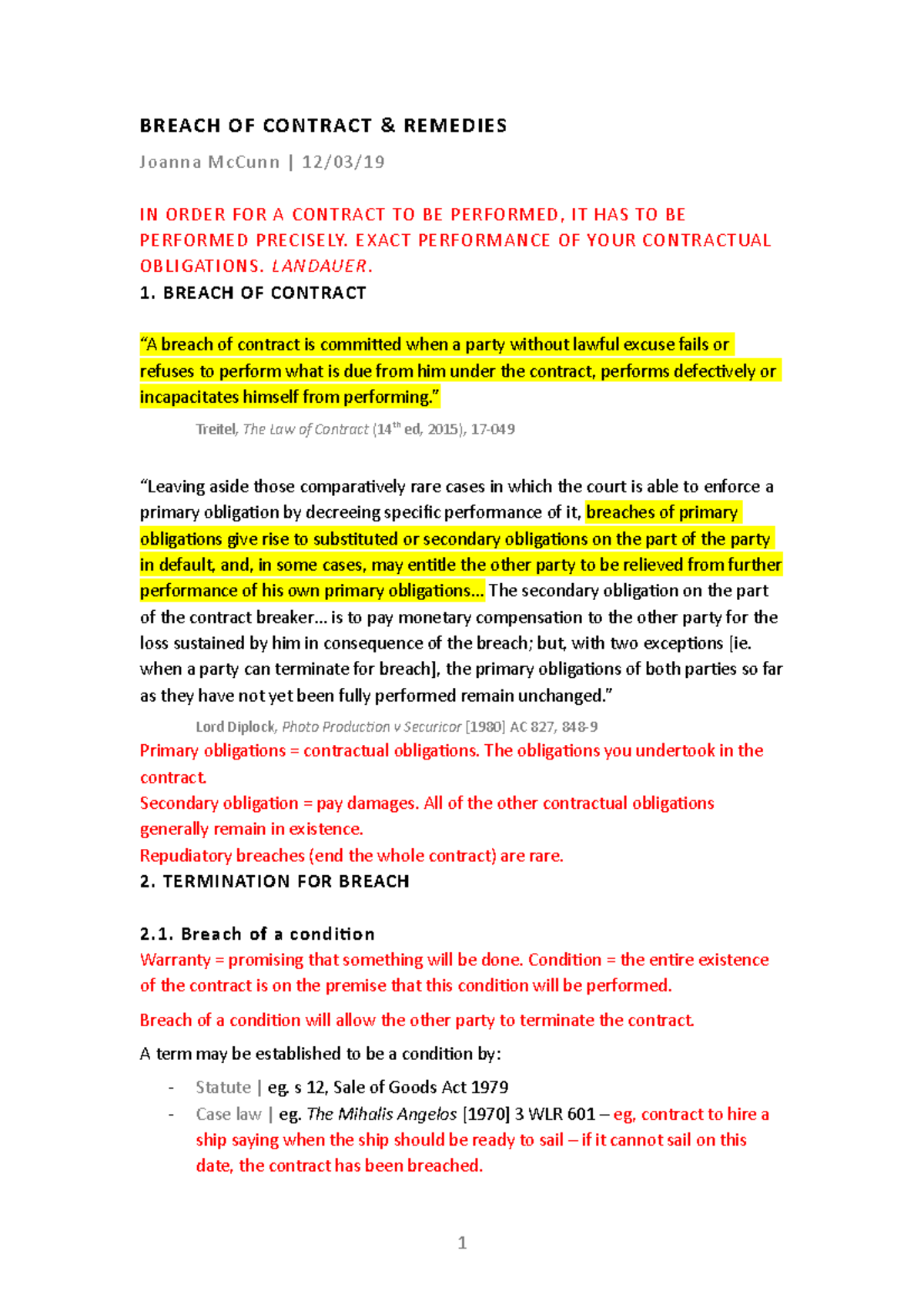 12:03:19 - Remedies handout 2019 - BREACH OF CONTRACT & REMEDIES Joanna ...