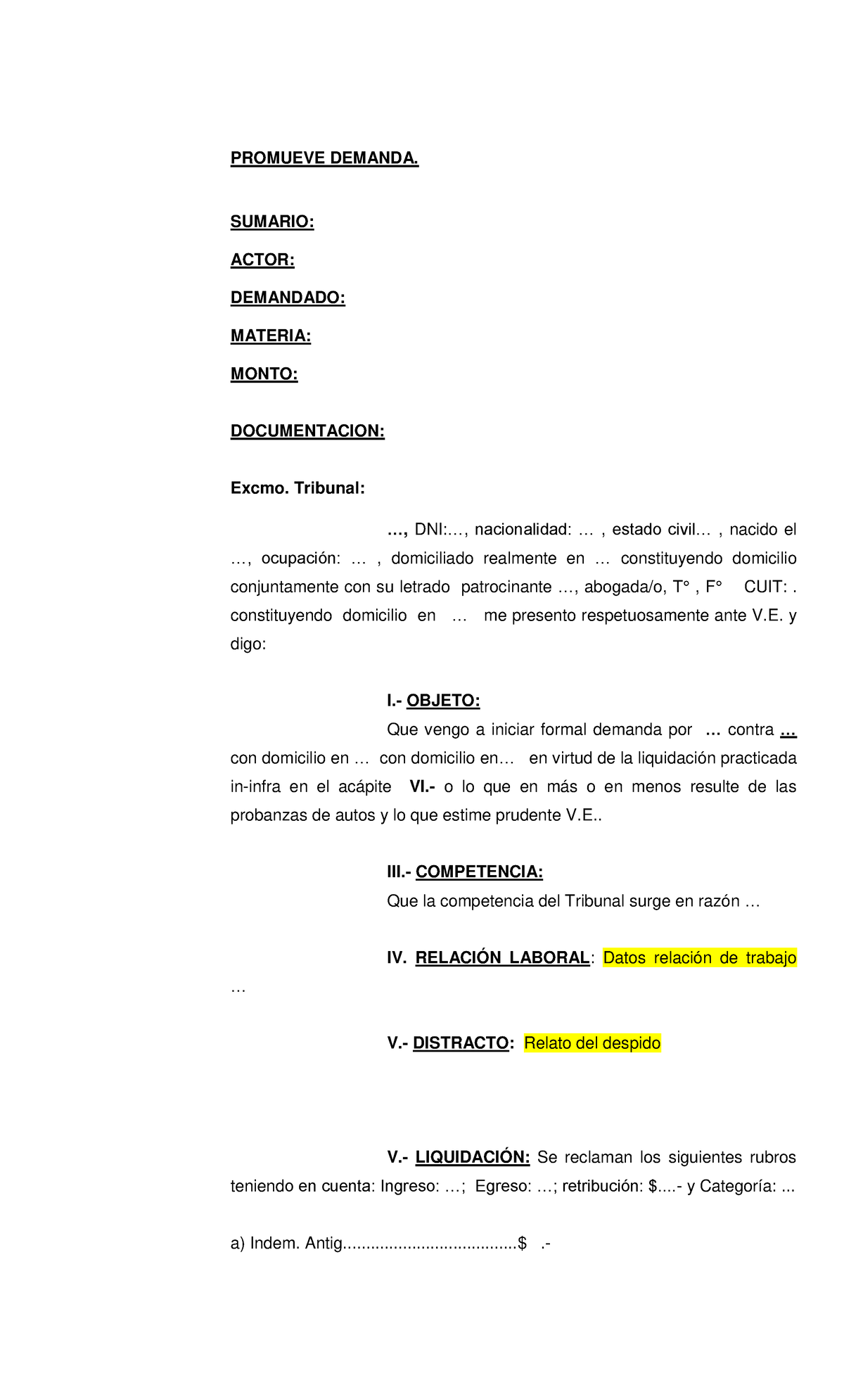 Demanda Provincia - PROMUEVE DEMANDA. SUMARIO: ACTOR: DEMANDADO ...