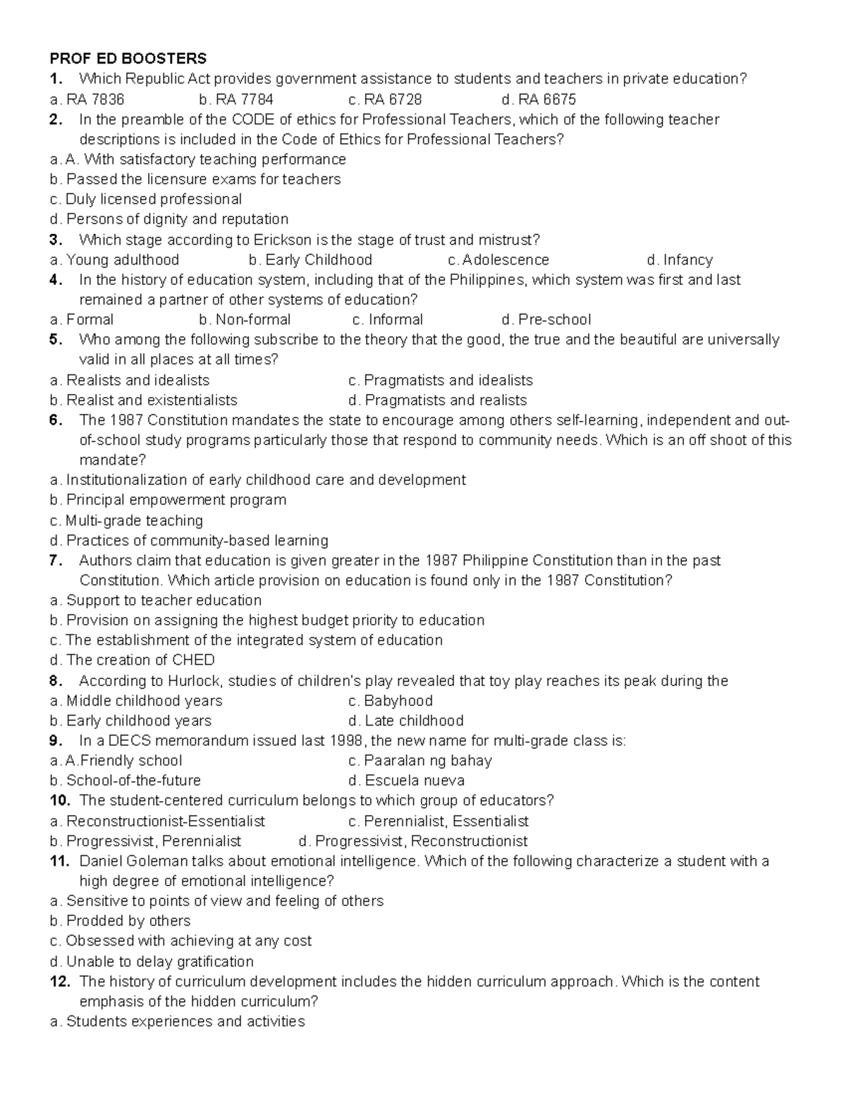 Prof Ed Booster 1-100 - Good luck LPT's!! - PROF ED BOOSTERS Which ...