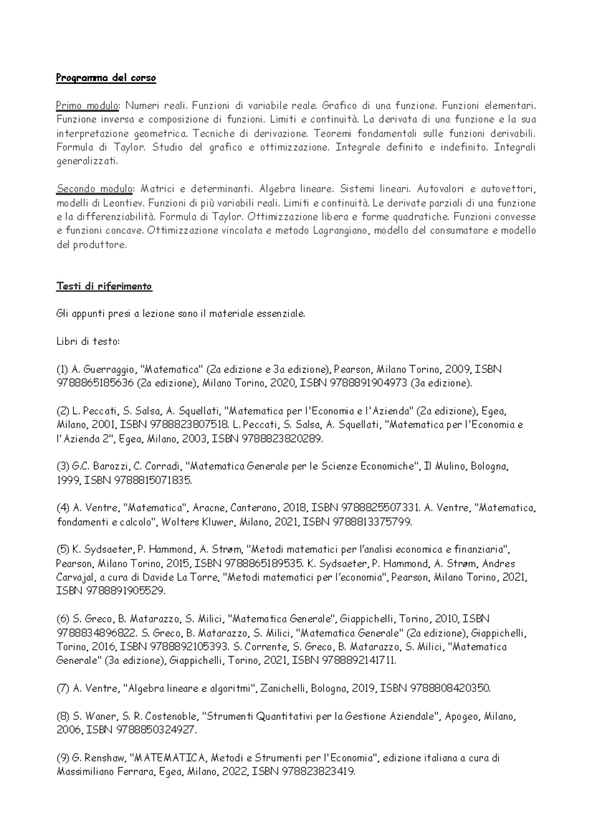Programma del corso di Matematica EM - Programma del corso Primo modulo ...