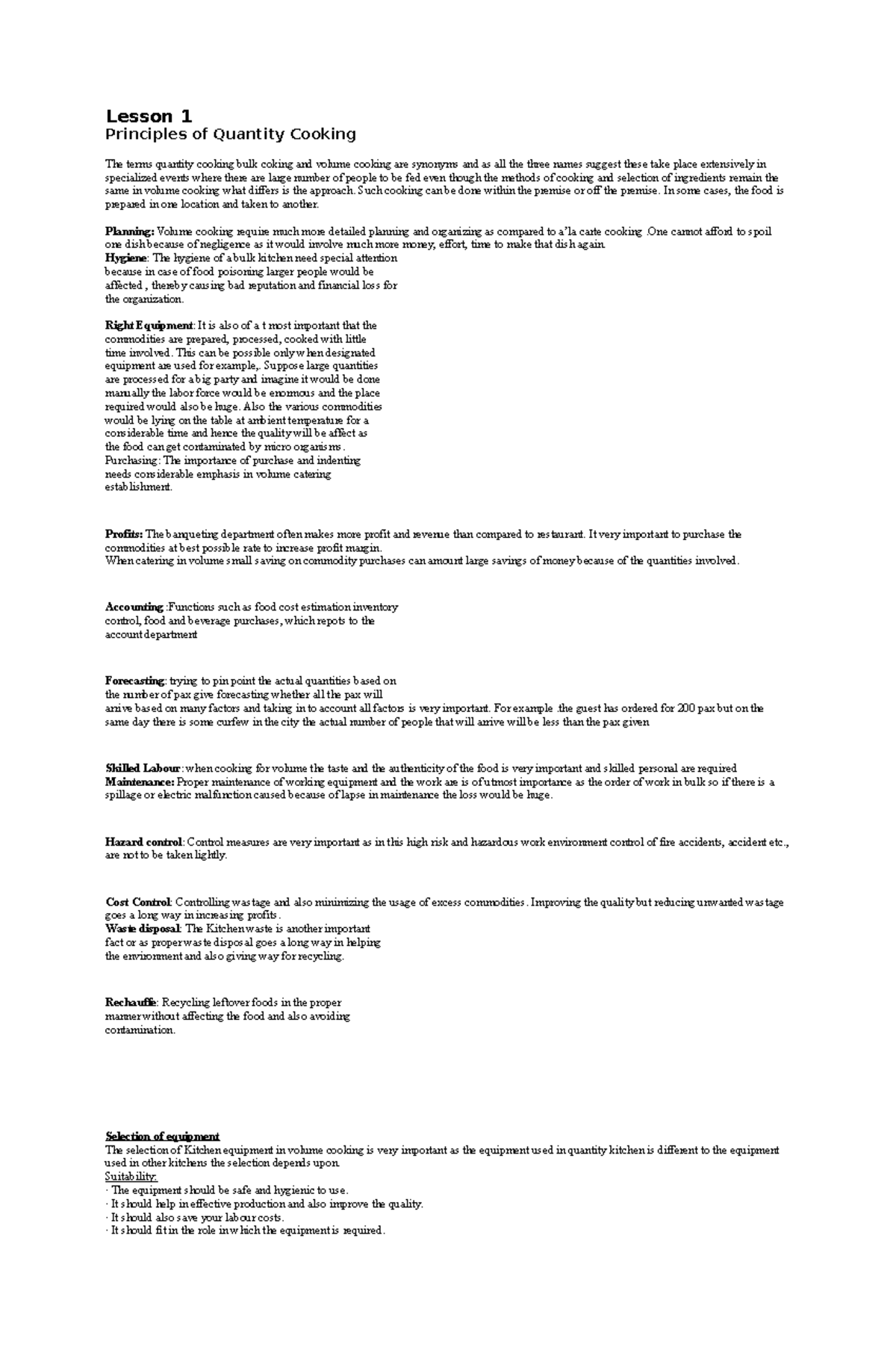Quantity Cookery Lessons (PRE-LIM) - Lesson 1 Principles of Quantity ...