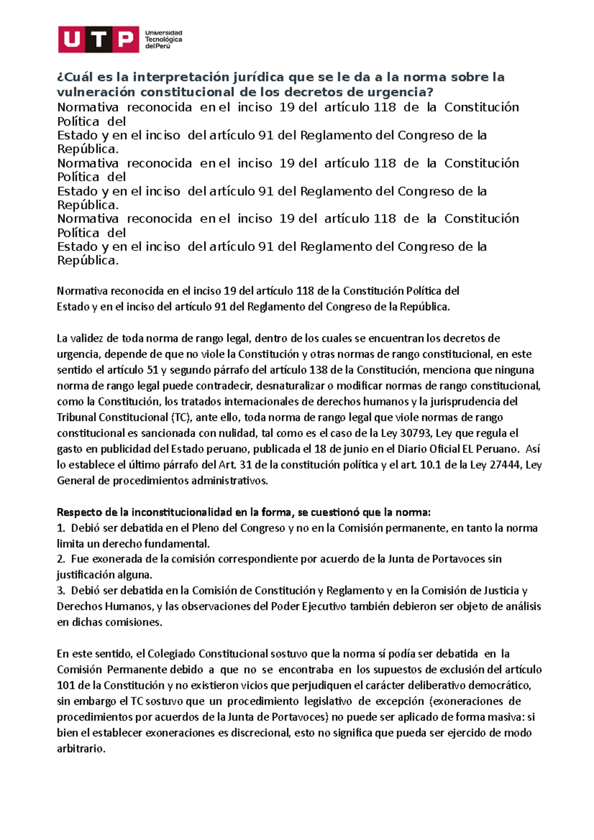 Vulneración constitucional de los decretos de urgencia - ¿Cuál es la interpretación jurídica que ...
