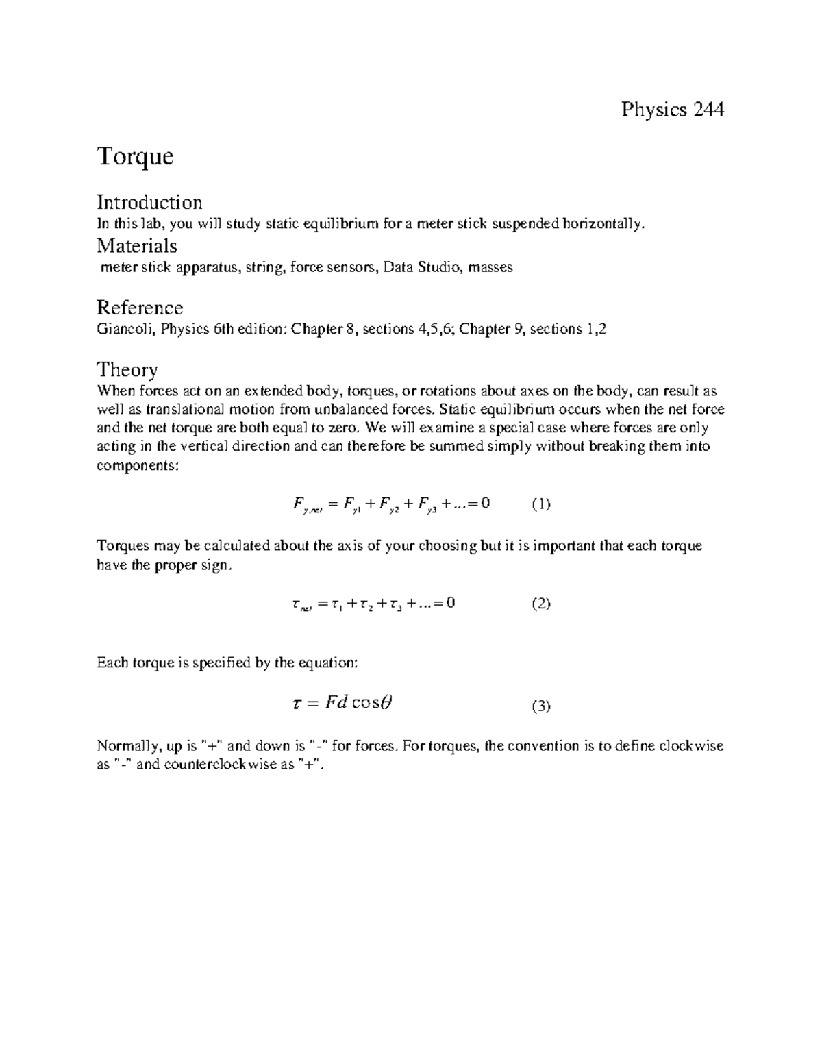Handout Torque 2011 - Physics 244 Torque Introduction In this lab, you ...