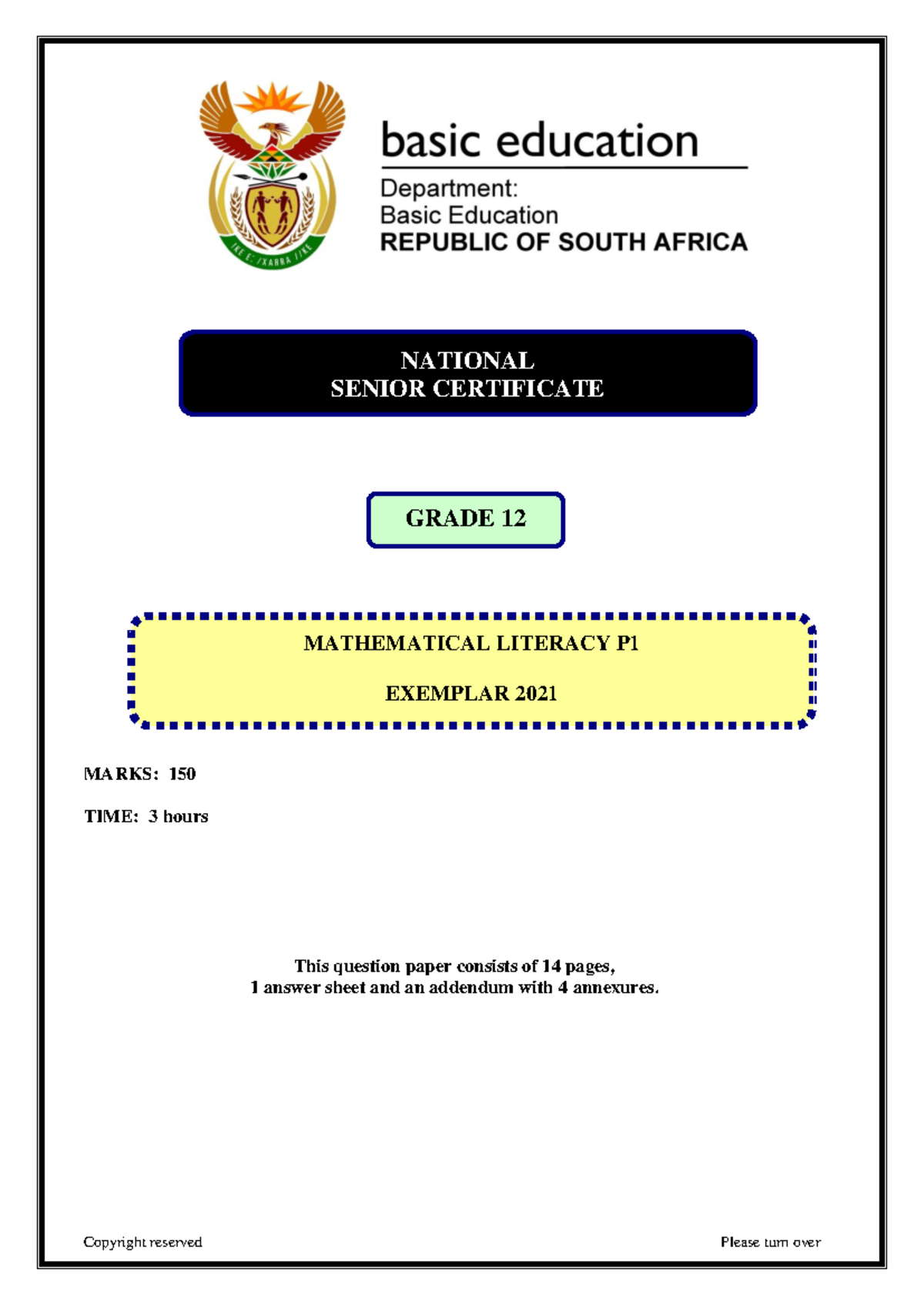 Mathematical Literacy P1 Gr 12 Exemplar 2021 Eng - MARKS: 150 TIME: 3 ...