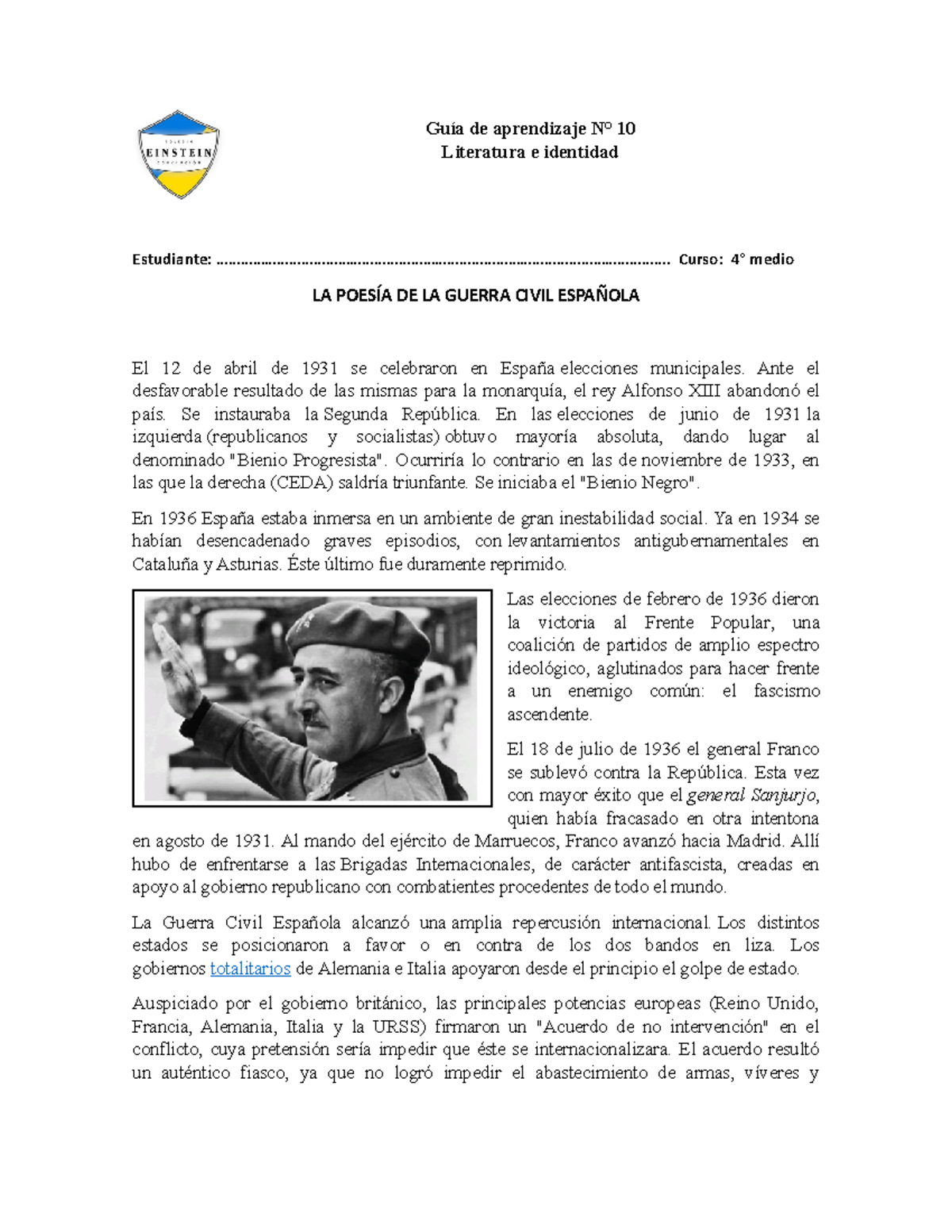 GUIA 10 Literatura E Identidad guerra civil española - Estudiante ...