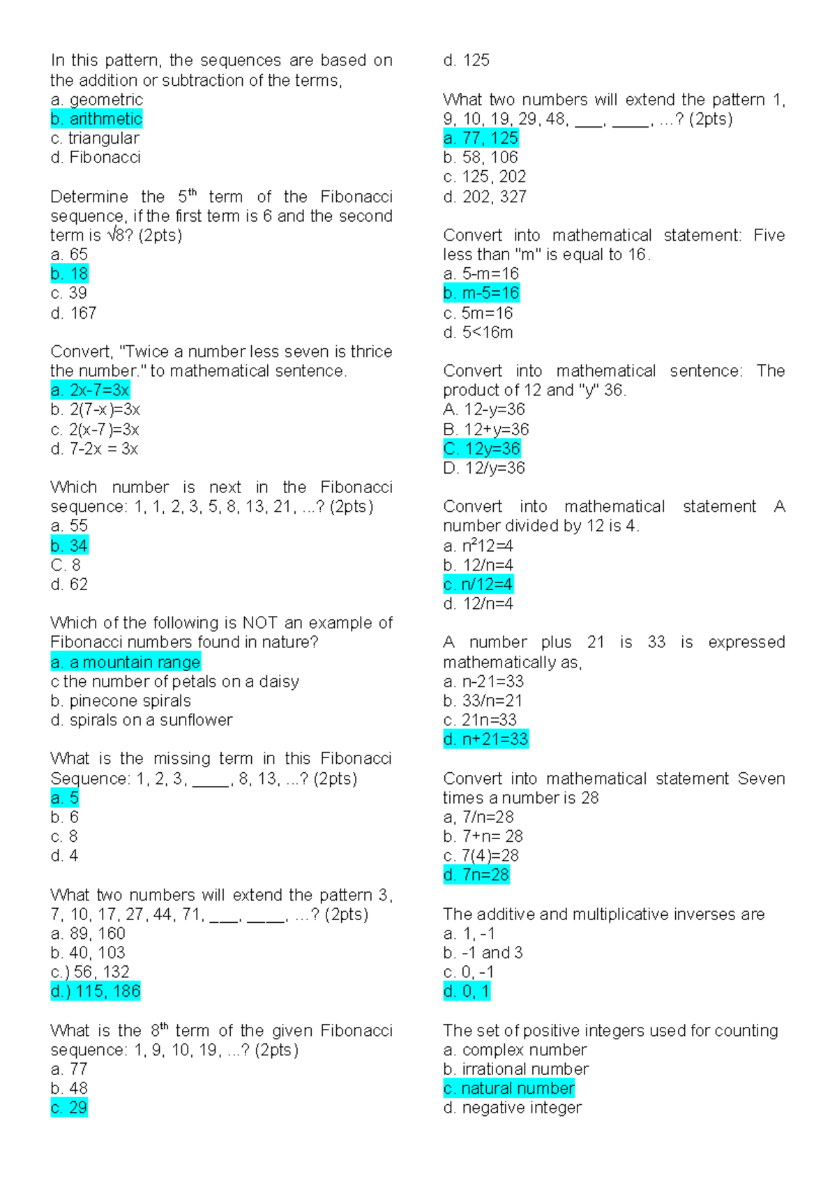 First-EXAM - Exam practice sheet - In this pattern, the sequences are ...