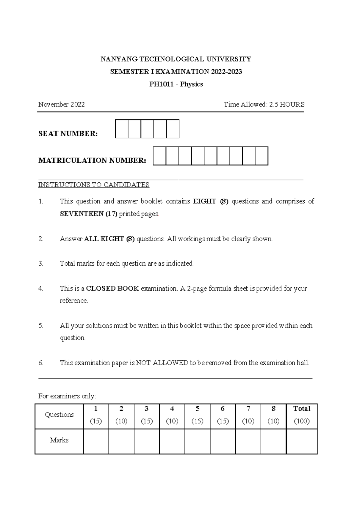 November 2022 Final exam Physics sem 1 - NANYANG TECHNOLOGICAL ...