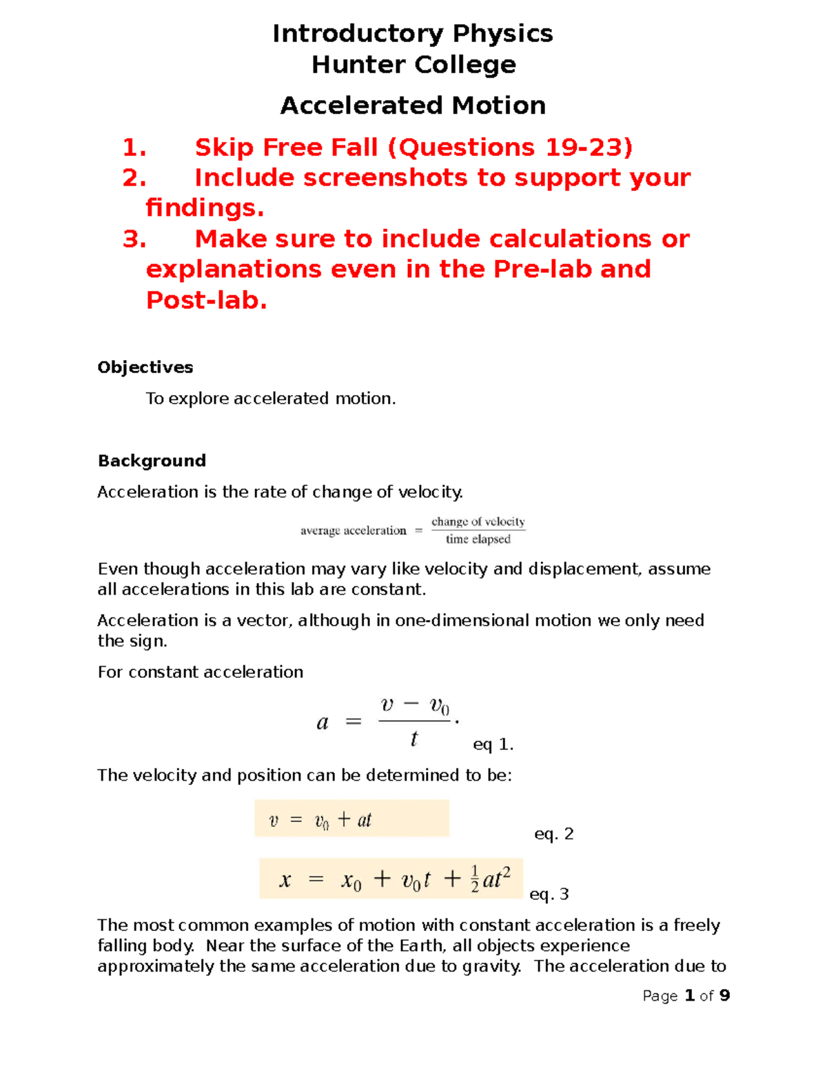 002 Accelerated Motion Lab - Introductory Physics Hunter College ...
