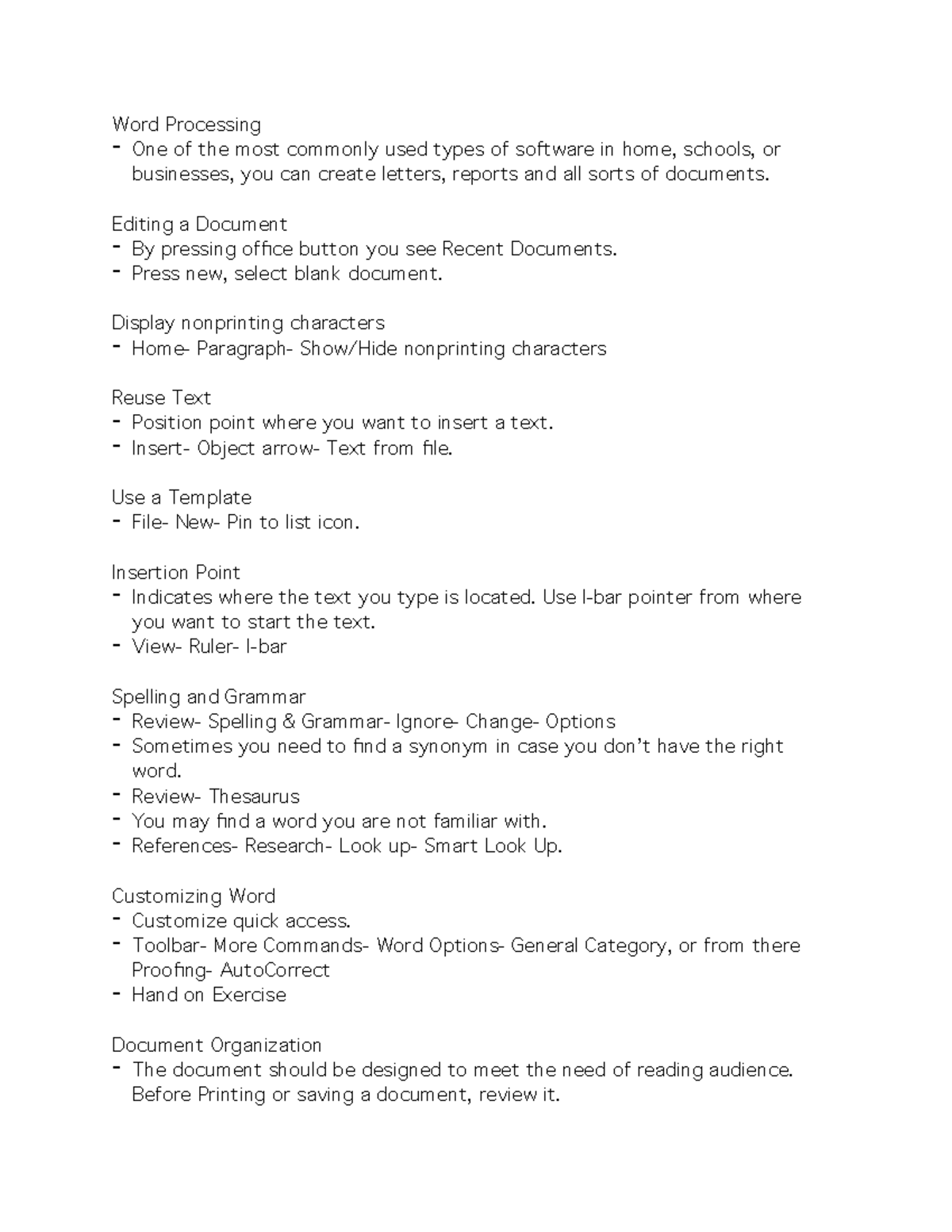 IT-150 Class 3 Lecture Notes - Word Processing - One of the most ...