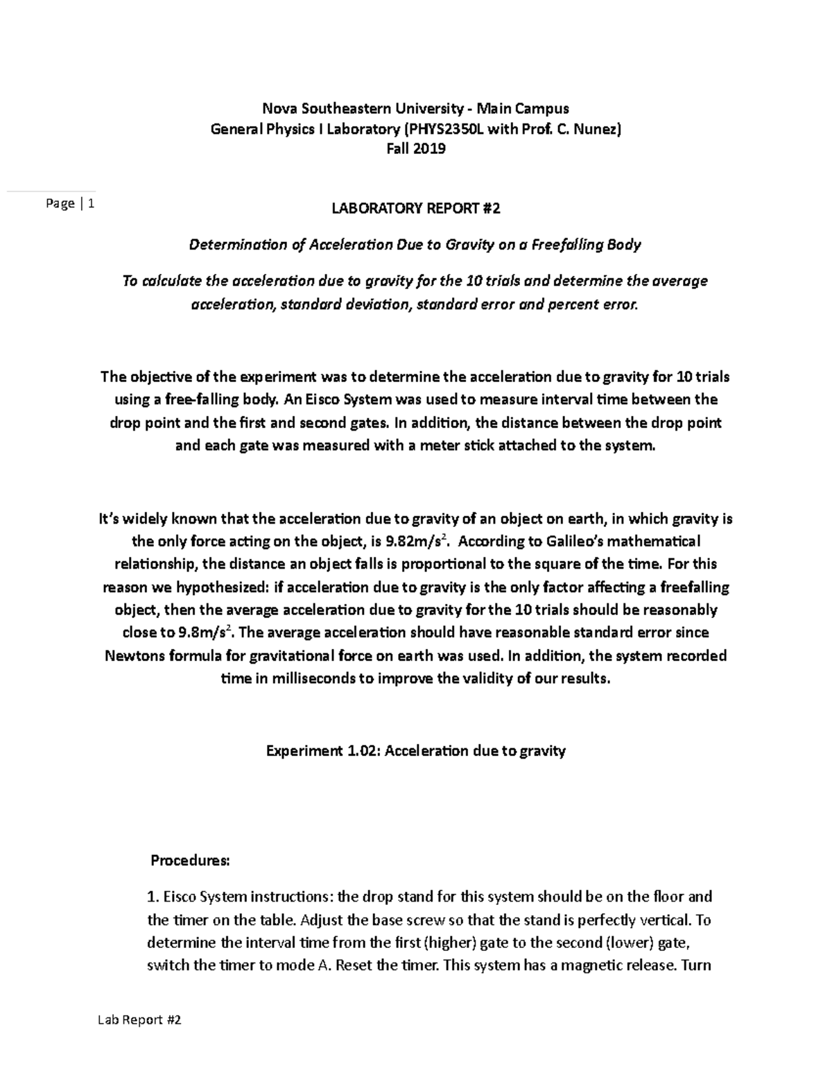 Physics one gravity lab - Page | 1 Nova Southeastern University - Main ...