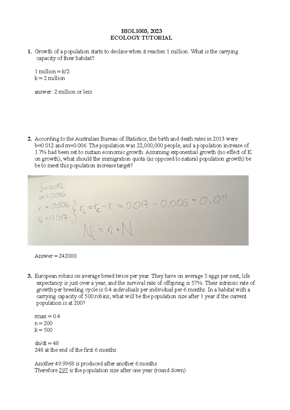 BIOL1003 Tutorial 4 Ecology 2023 - BIOL1003, 2023 ECOLOGY TUTORIAL ...