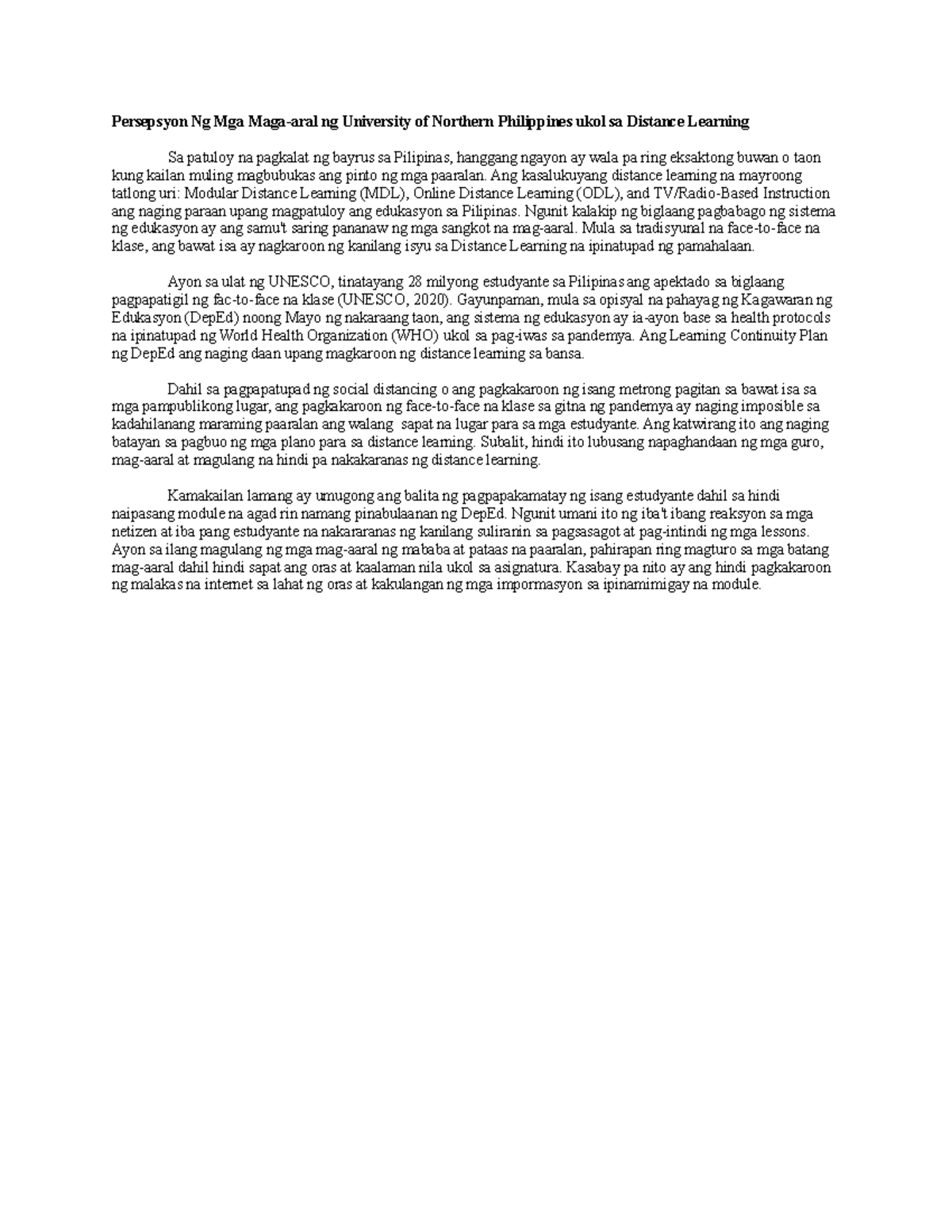 Persepsyon Ng Mga Mag aaral/ Pananaliksik - Persepsyon Ng Mga Maga-aral ng University of ...