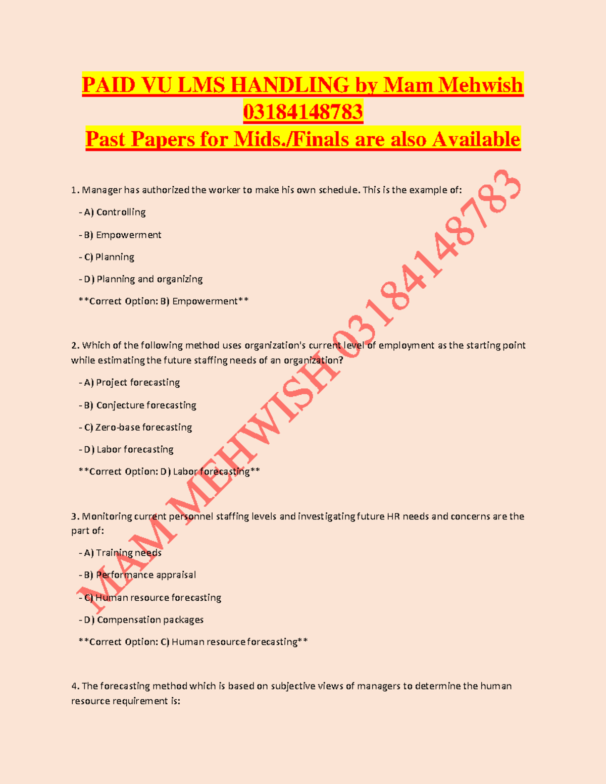 MGT501 MCQs Mids 2024 - PAID VU LMS HANDLING by Mam Mehwish 03184148783 Past Papers for Mids ...