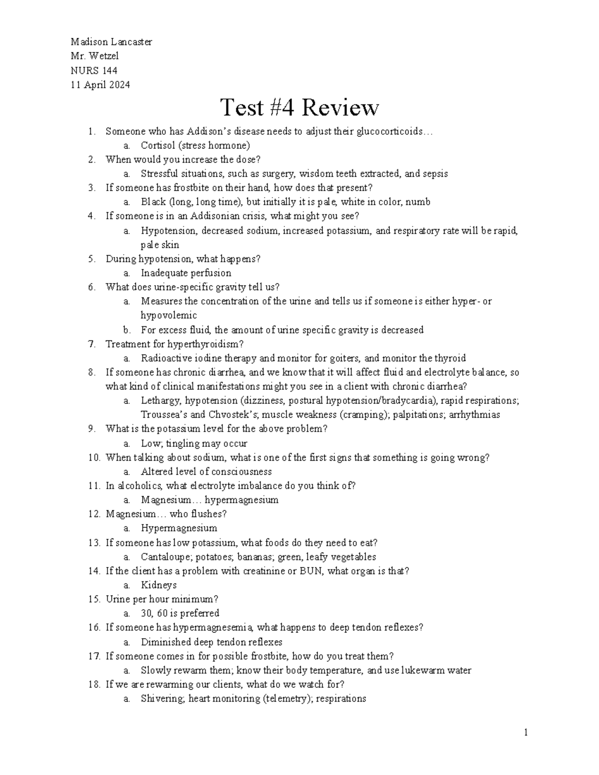 Test #4 Review - Summary Nursing Fundamentals - Mr. Wetzel NURS 144 11 ...