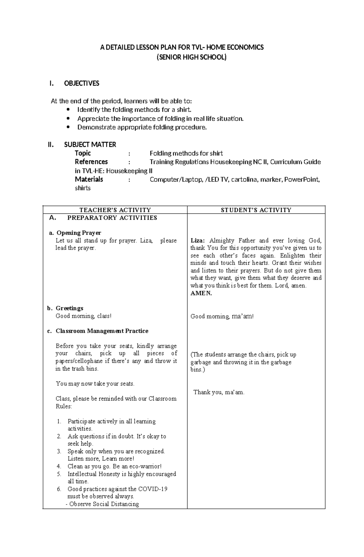 A Detailed Lesson PLAN FOR TVL 2 - A DETAILED LESSON PLAN FOR TVL- HOME ECONOMICS (SENIOR HIGH ...