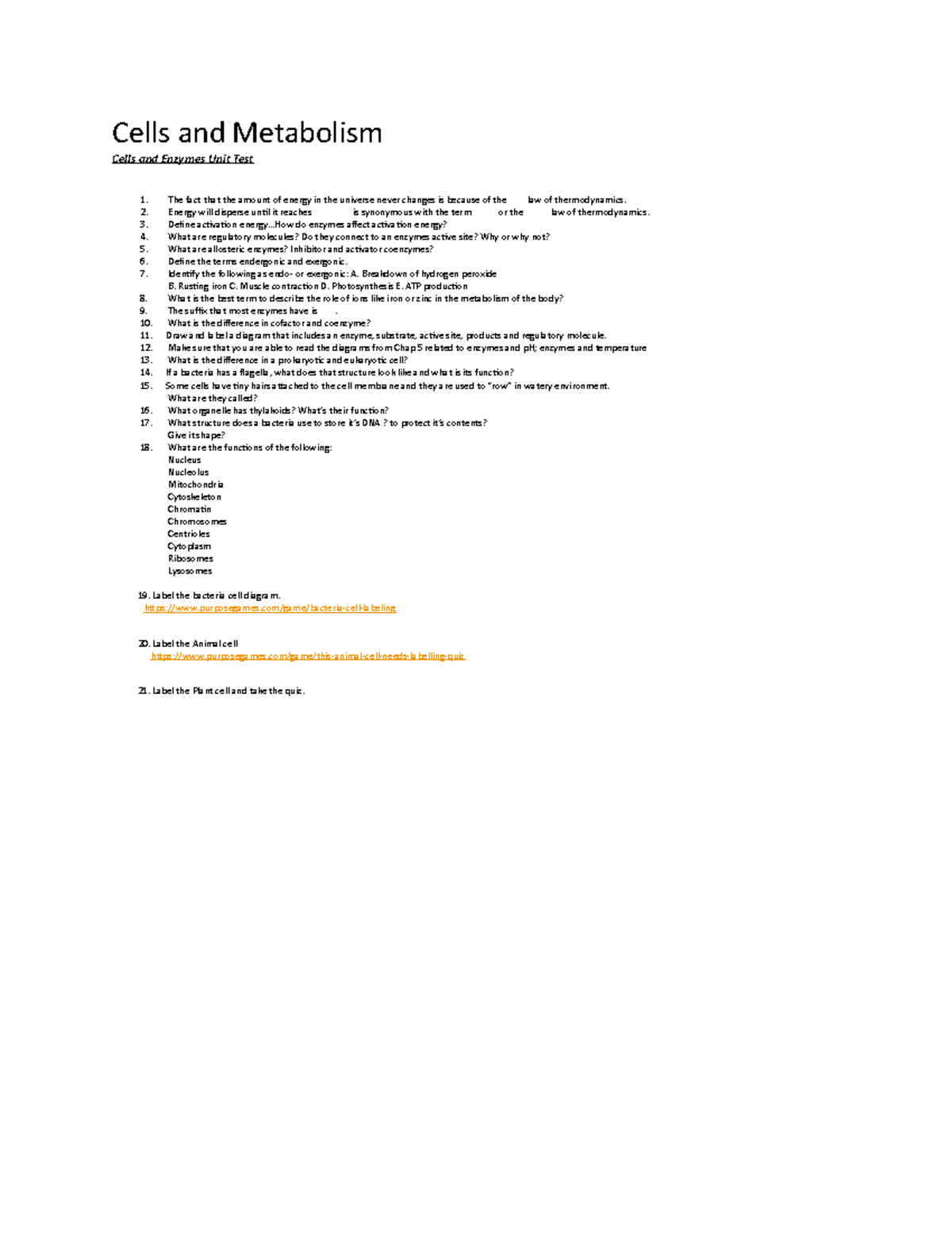 Cells+and+Metabolism+Study+guide - Cells and Metabolism Cells and ...